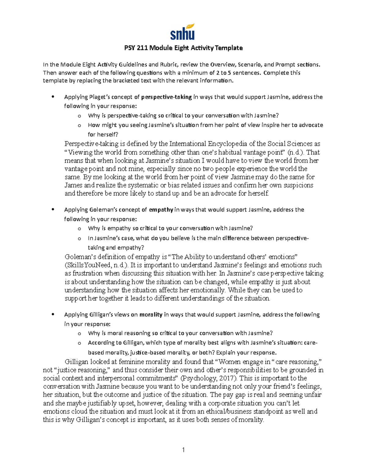 PSY 211 Module Eight Activity Template - Then answer each of the ...