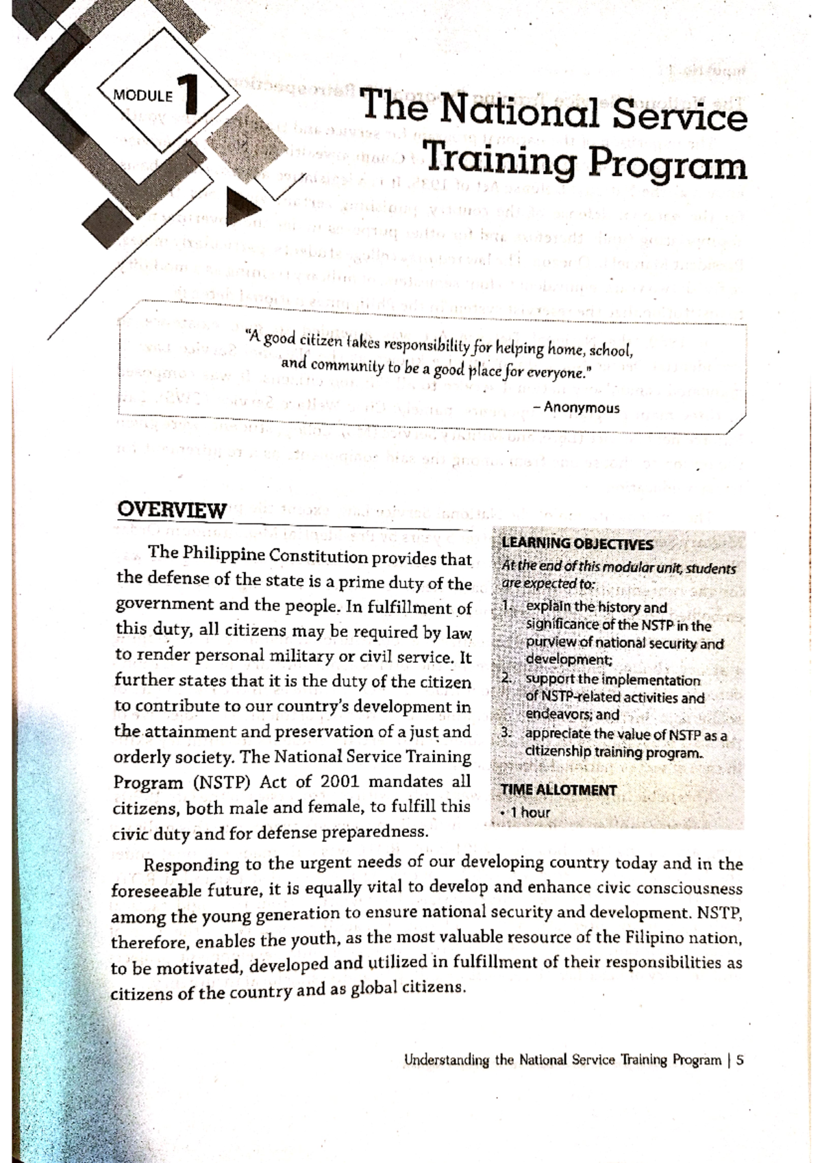 Module 1 Part 1 - MODULE 1 The National Service Training Program good ...