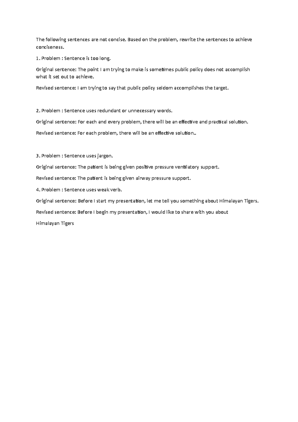 Exercise - The following sentences are not concise. Based on the ...