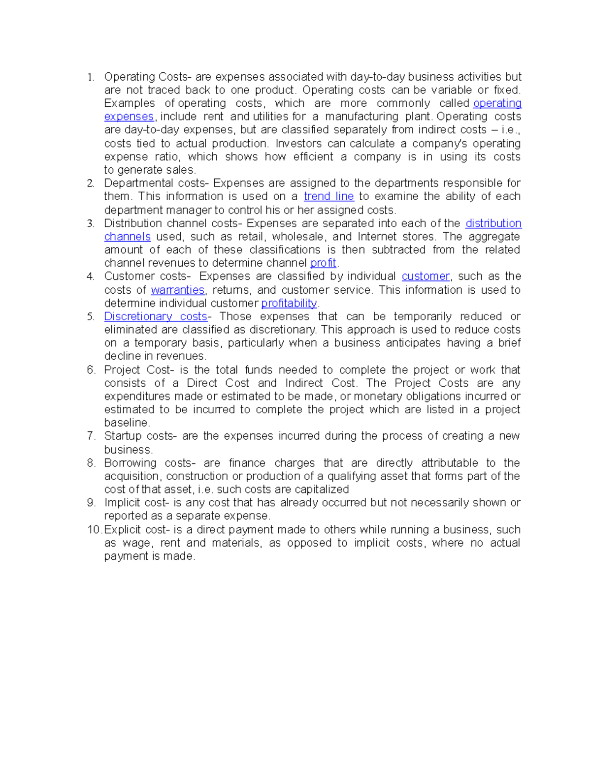 10 Kinds Of Cost In Cost Accounting Operating Costs Are Expenses