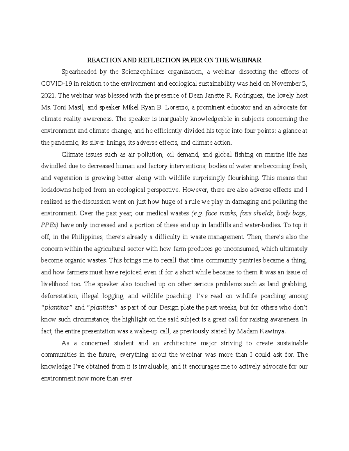 Reaction AND Reflection Paper ON THE Webinar - REACTION AND REFLECTION ...