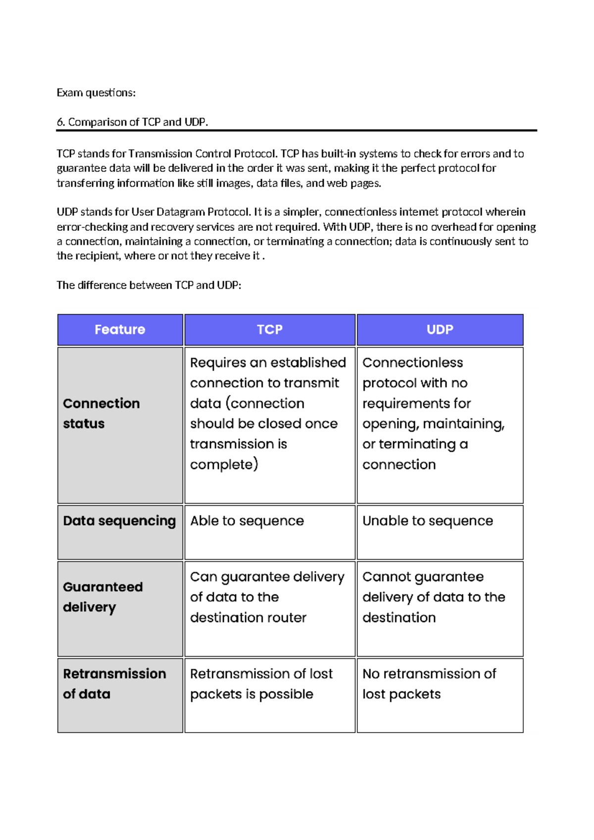 Exam question 6 - software - Exam questions: 6. Comparison of TCP and ...