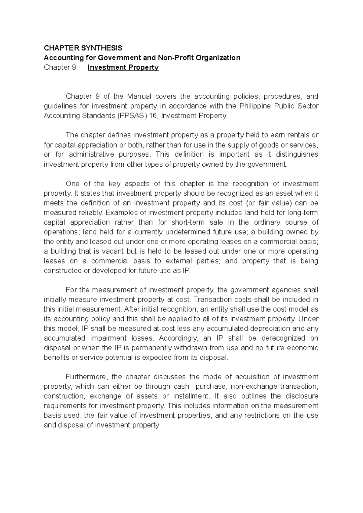 Chapter 9 Synthesis - CHAPTER SYNTHESIS Accounting for Government and ...