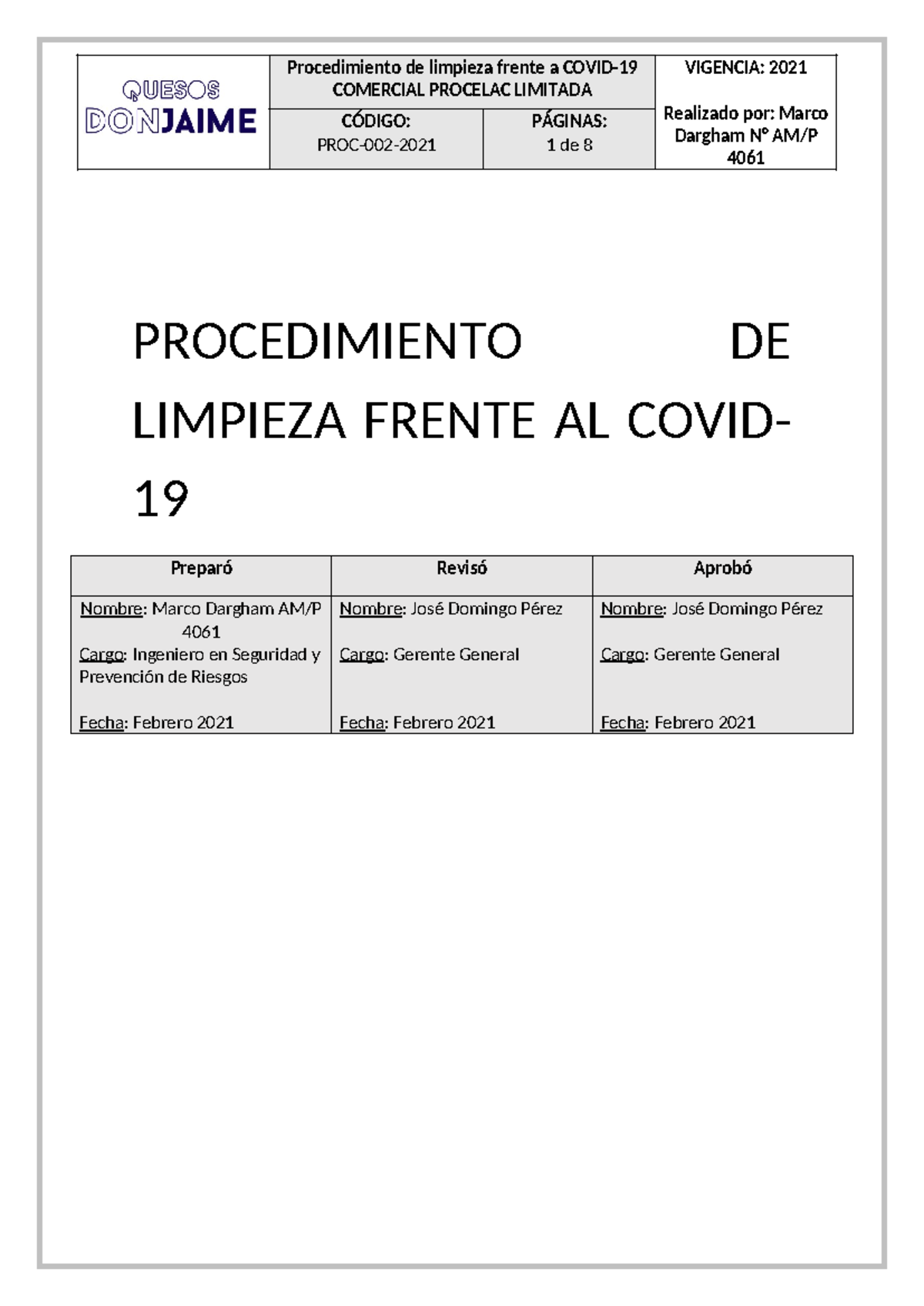 Procedimiento de limpieza Covid-19 Procelac 2021 - COMERCIAL PROCELAC ...