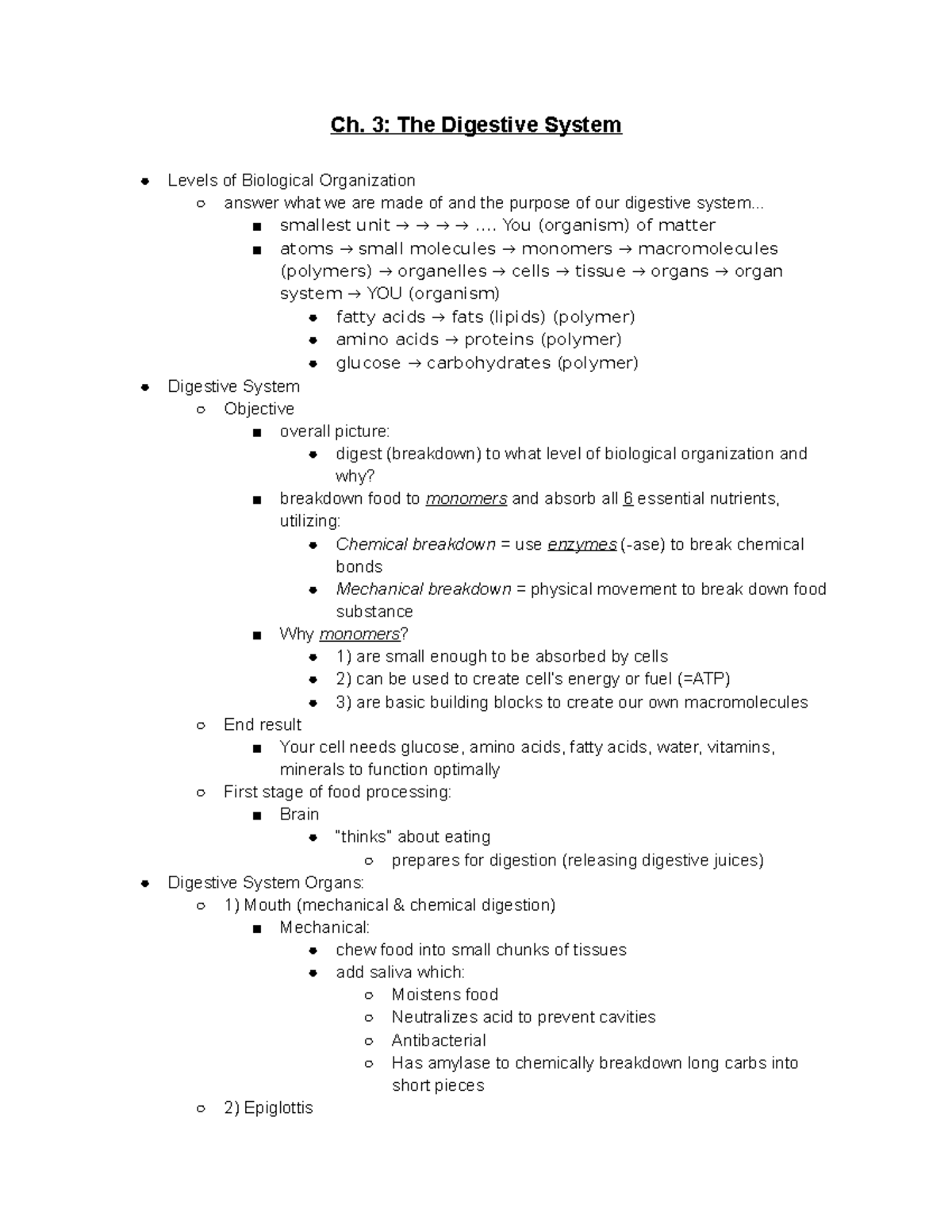 IPHY 2420 Chapter 3 Notes - Ch. 3: The Digestive System Levels of ...