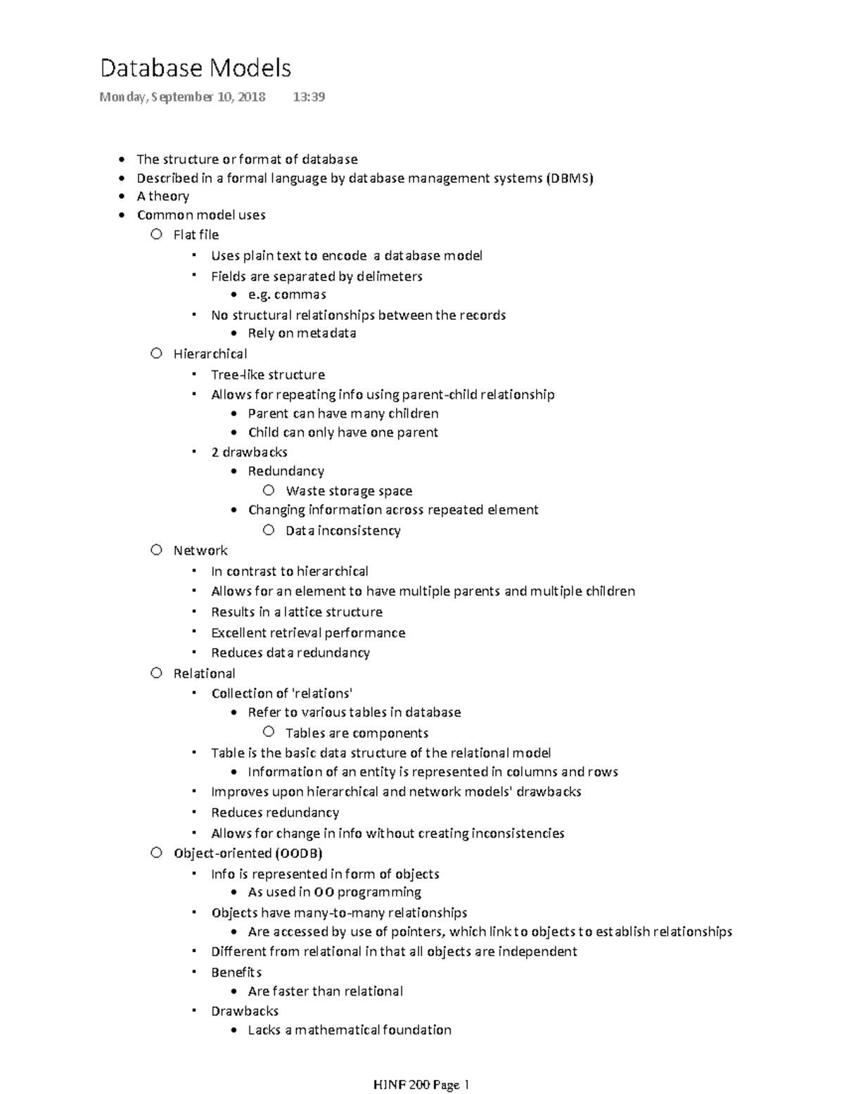 HINF 200 - Lecture notes some - Database Models Monday, September 10 ...