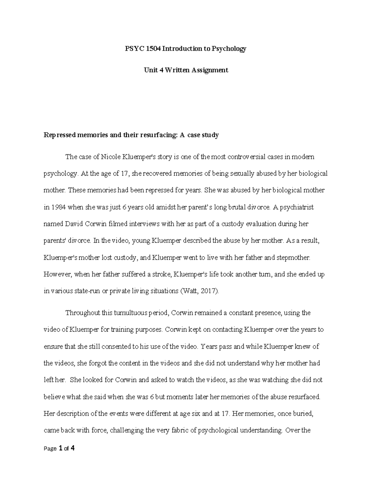 UNIT 4 PSYC Assignment unit 4 - PSYC 1504 Introduction to Psychology Unit 4 Written Assignment ...