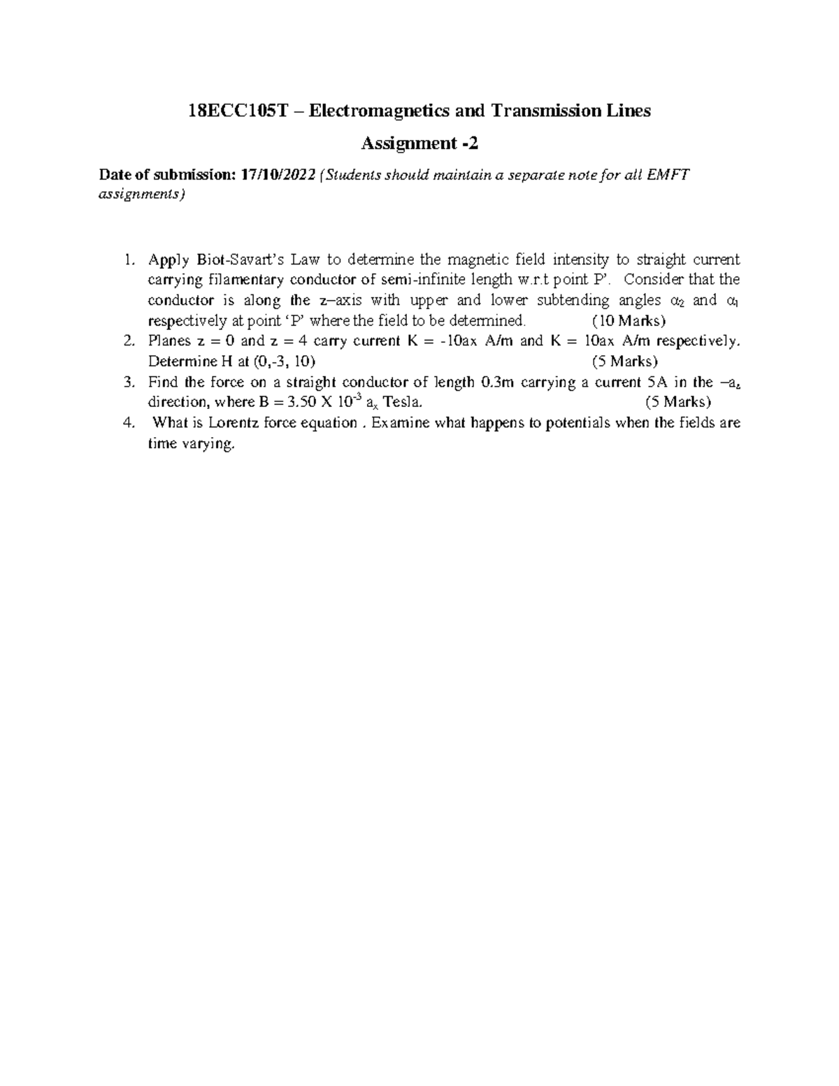 18ECC105T Assignment 2 - 18ECC105T – Electromagnetics and Transmission ...