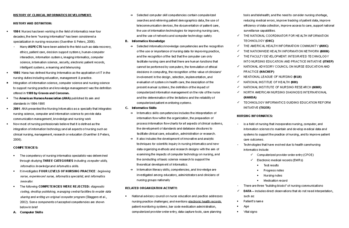 NCM 110 Prelim Notes 2 - HISTORY OF CLINICAL INFORMATICS DEVELOPMENT ...