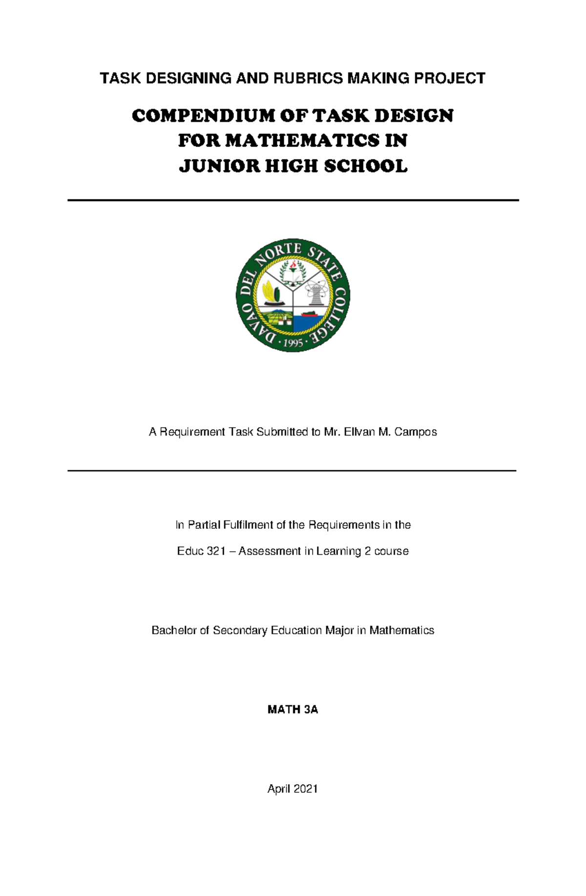 EDUC321 MATH3A Compendium of Task Designs 1 - i TASK DESIGNING AND ...