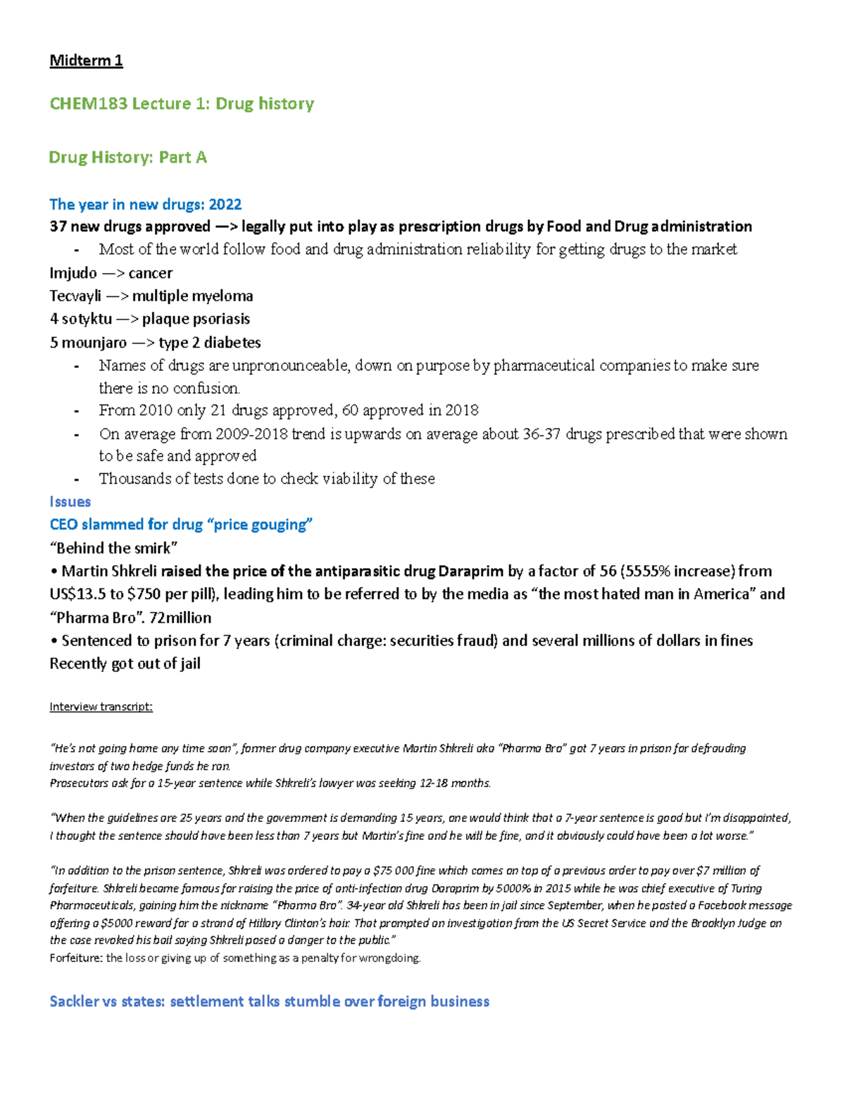 Midterm 1 - Midterm 1 CHEM183 Lecture 1: Drug history Drug History ...