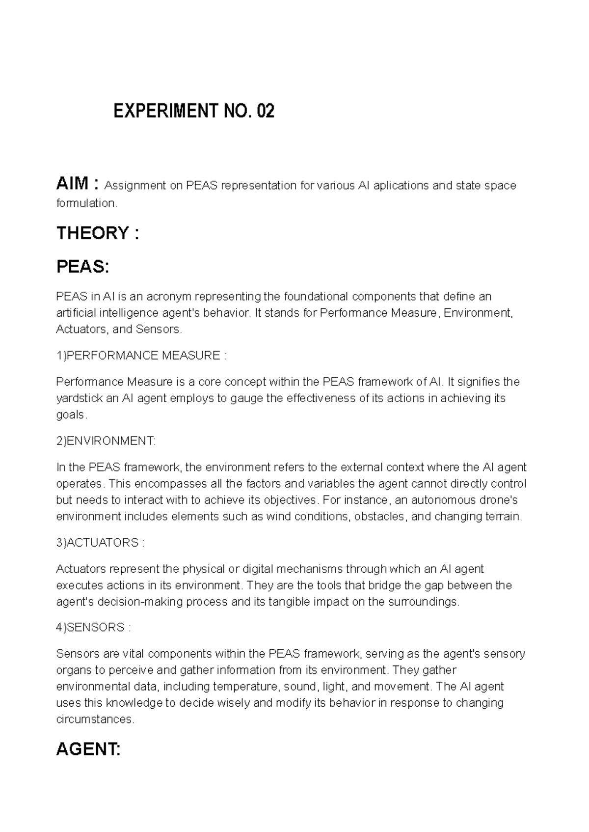AAC - statistics - EXPERIMENT NO. 02 AIM : Assignment on PEAS representation for various AI ...