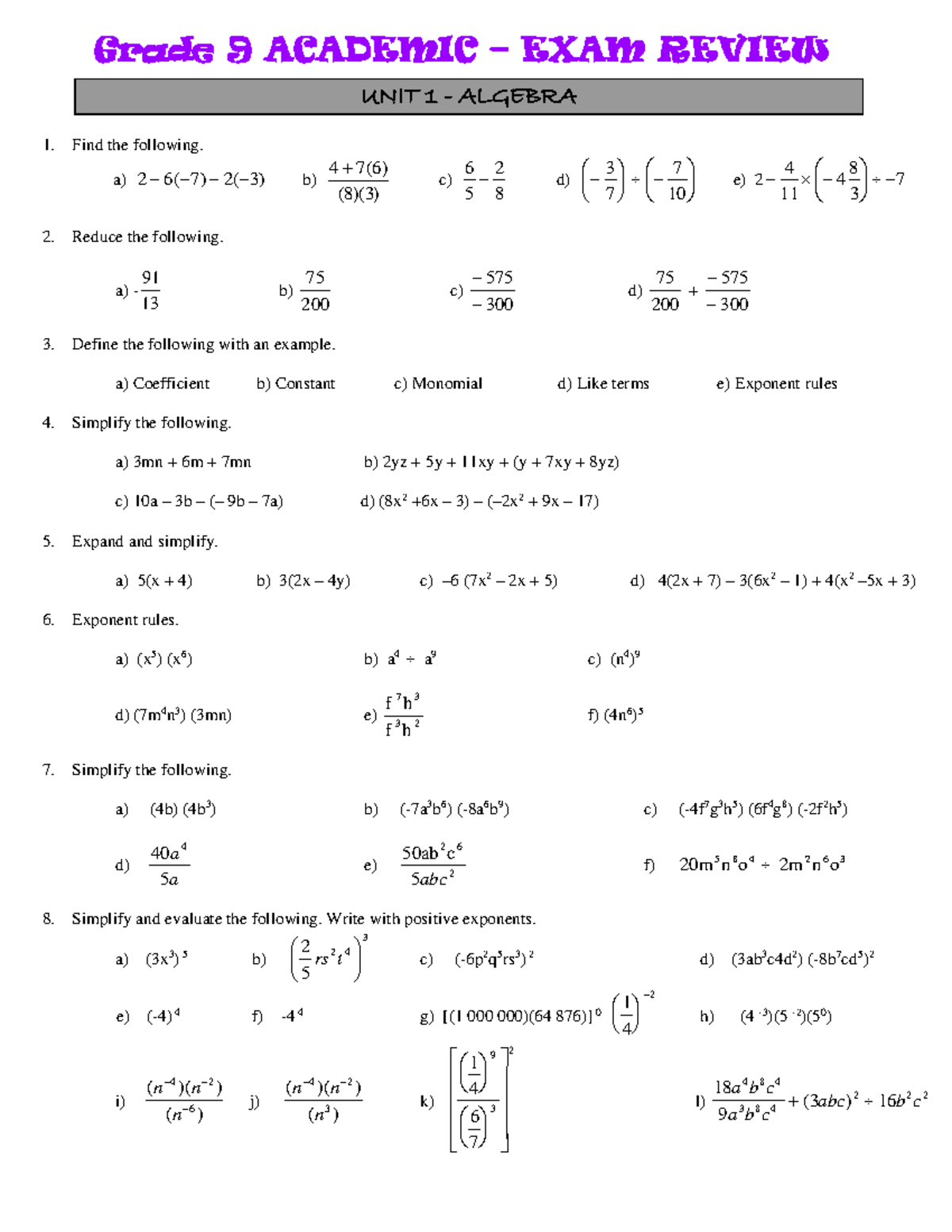 Summative Review - Grade 9 ACADEMIC – EXAM REVIEW UNIT 1 - ALGEBRA 1 ...