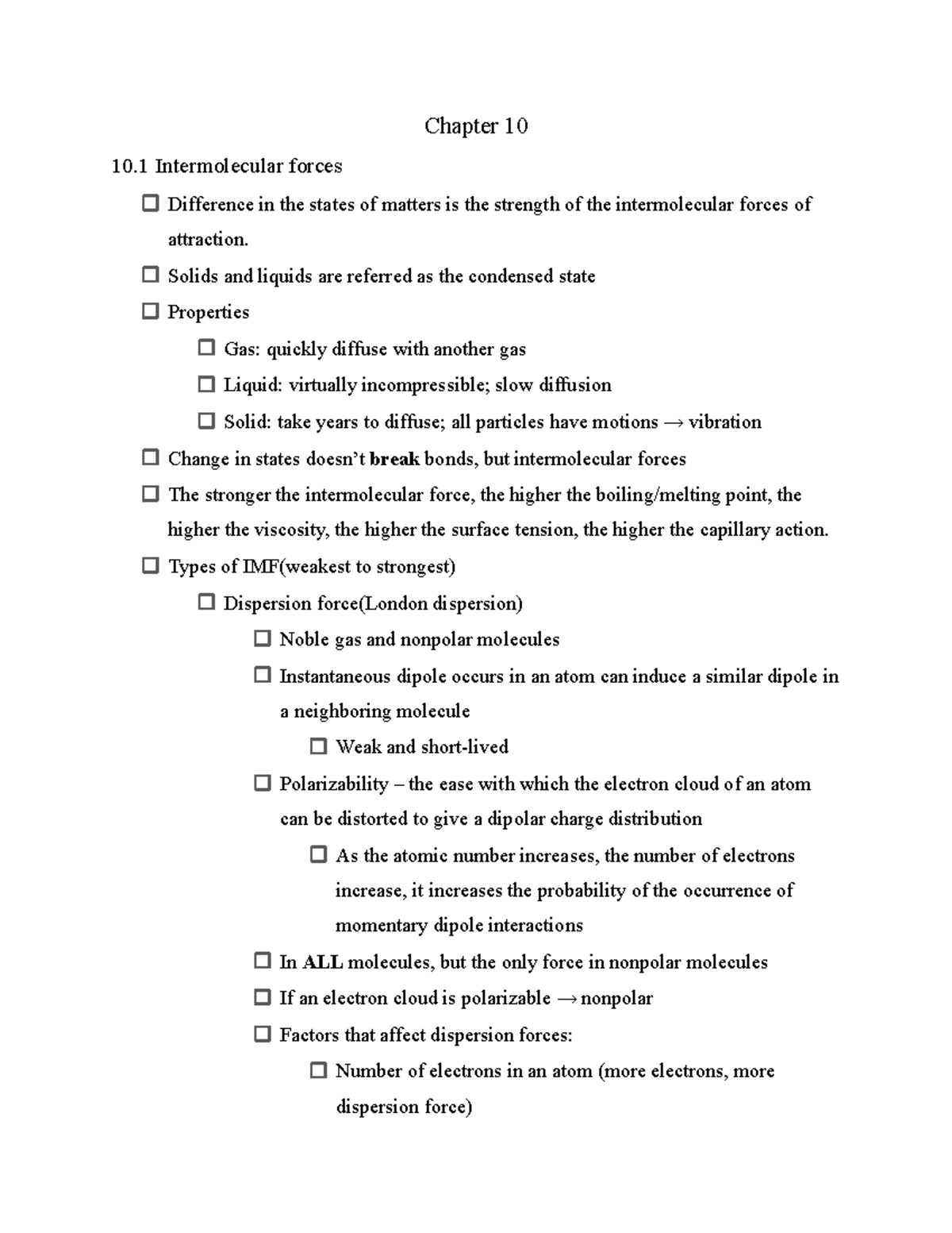 Chapter 10 - Chapter 10 10 Intermolecular forces Difference in the ...