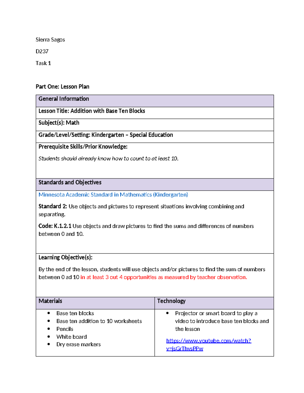 D237 Task 1 - D237 Task 1 - Sierra Sagos D Task 1 Part One: Lesson Plan ...