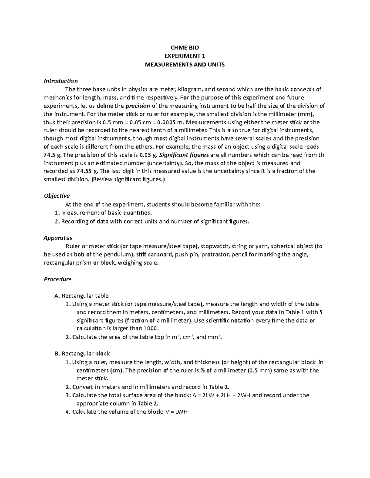 CHEM BIO-Expt 1. Measurements - CHME BIO EXPERIMENT 1 MEASUREMENTS AND ...