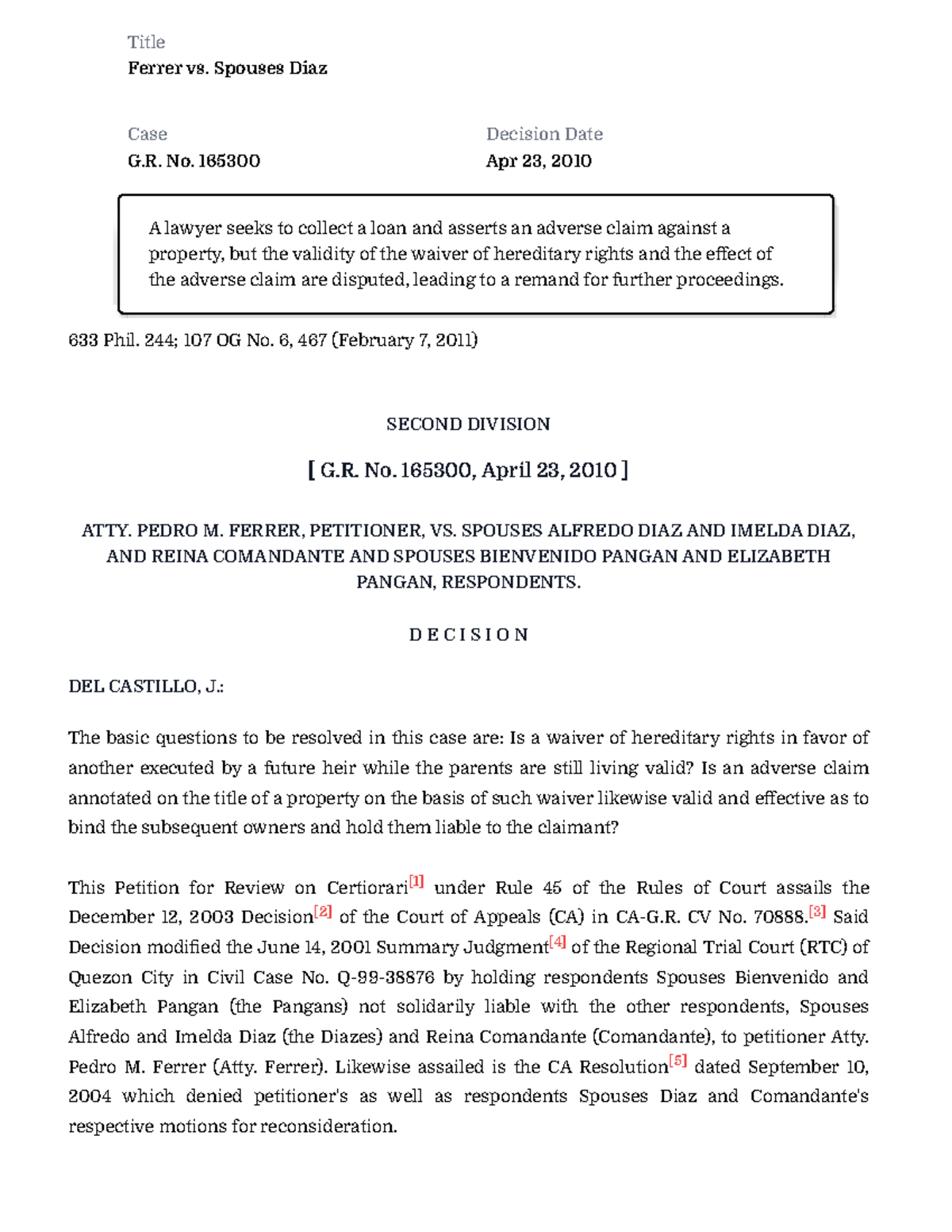 7. G.R. No. 165300 - Ferrer vs. Spouses Diaz - Title Ferrer vs. Spouses Diaz Case G. No. 165300 ...