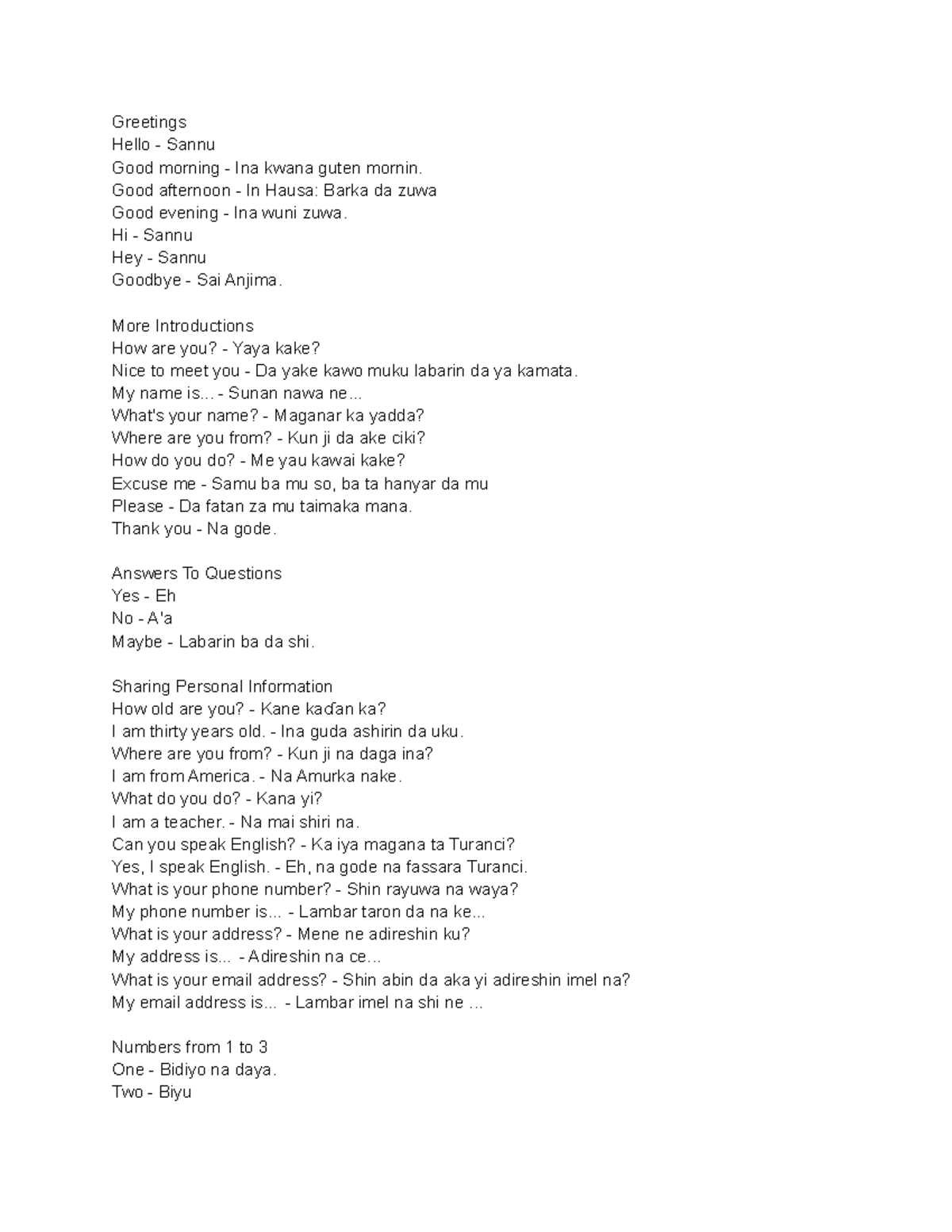 Complete language course outline for translation Hausa - Greetings ...