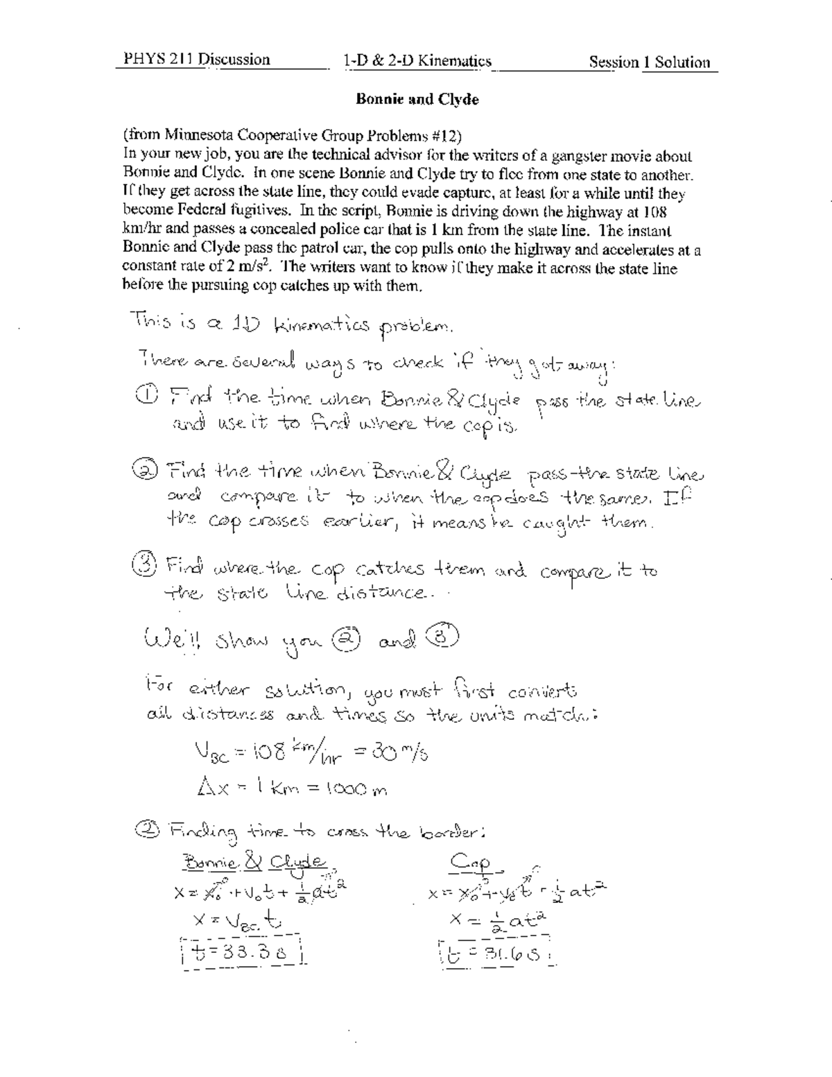 Discussion Solns 1 - PHYS 211 Discussion Kinematics Session 1 Solution ...