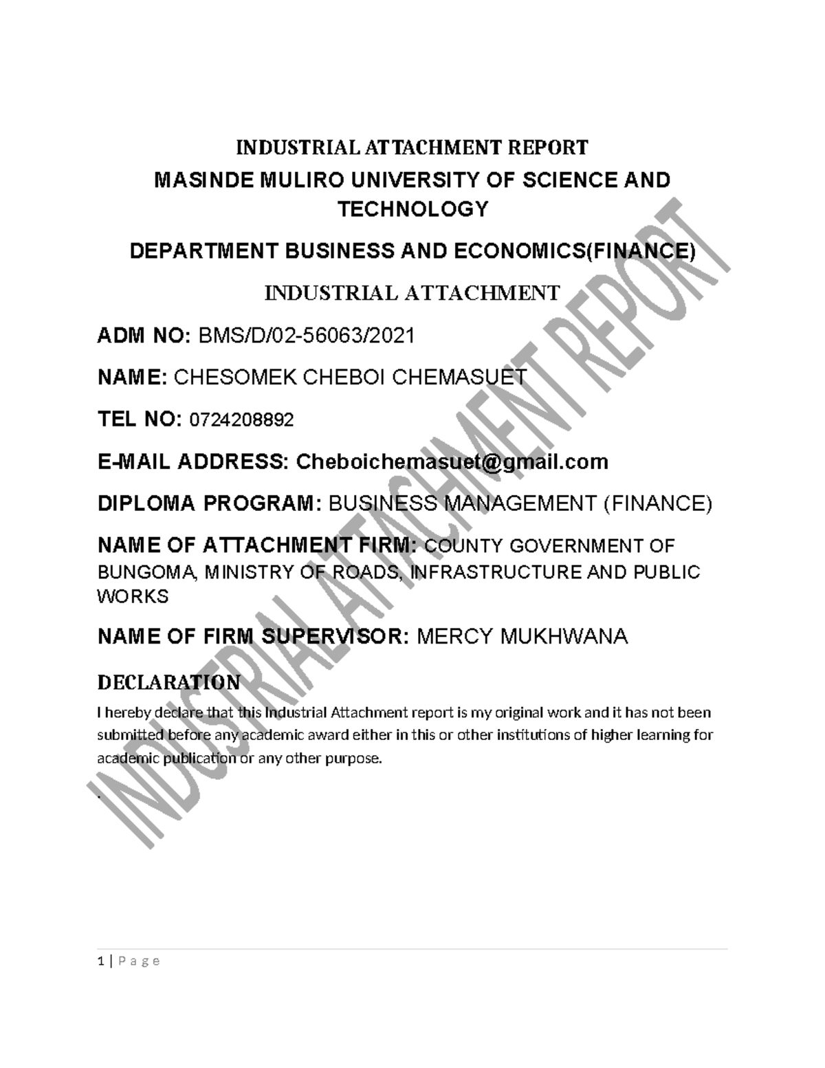 Share EW attachment report 2023 - INDUSTRIAL ATTACHMENT REPORT MASINDE ...