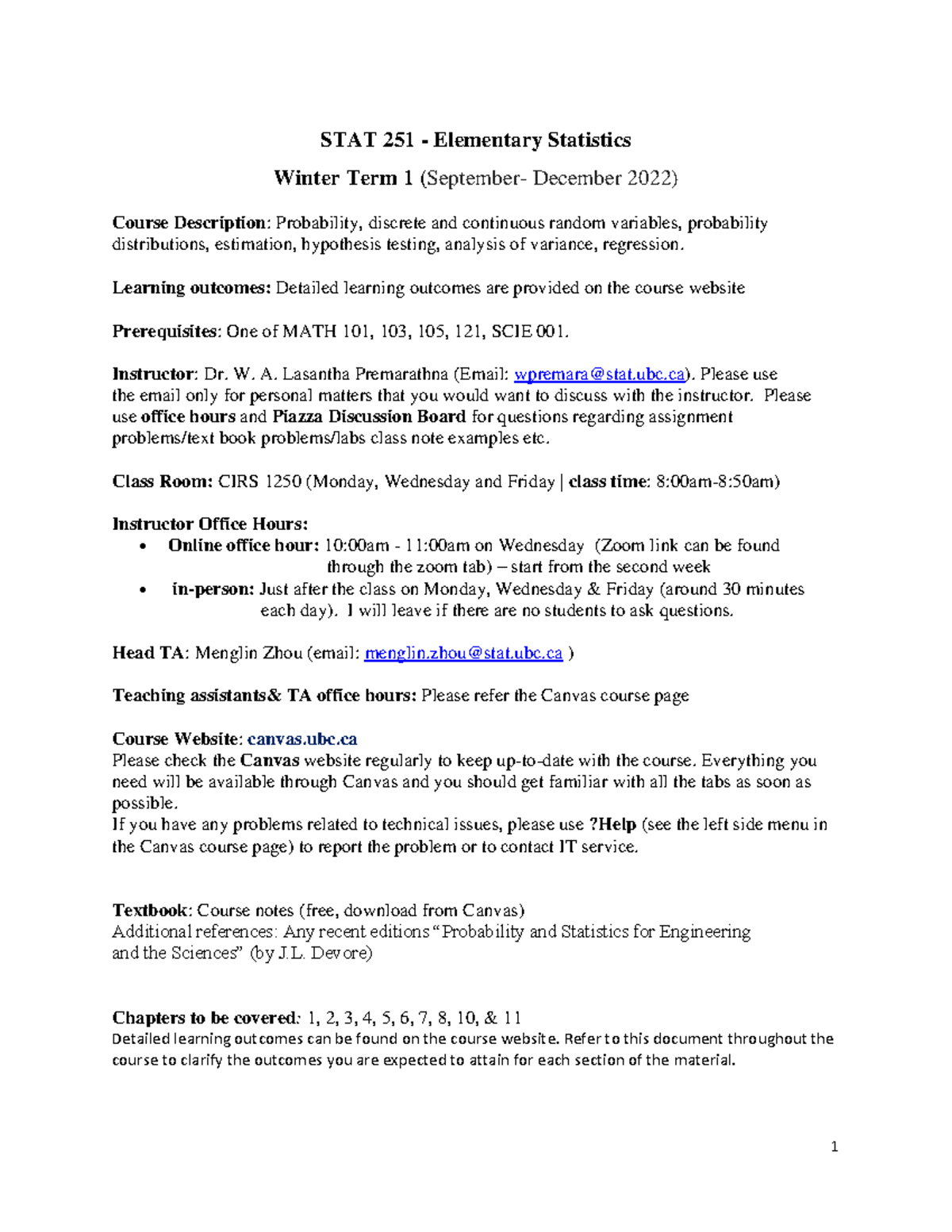 Syllabus STAT 251 W1 2022 - STAT 251 - Elementary Statistics Winter Term 1 ( September- December ...