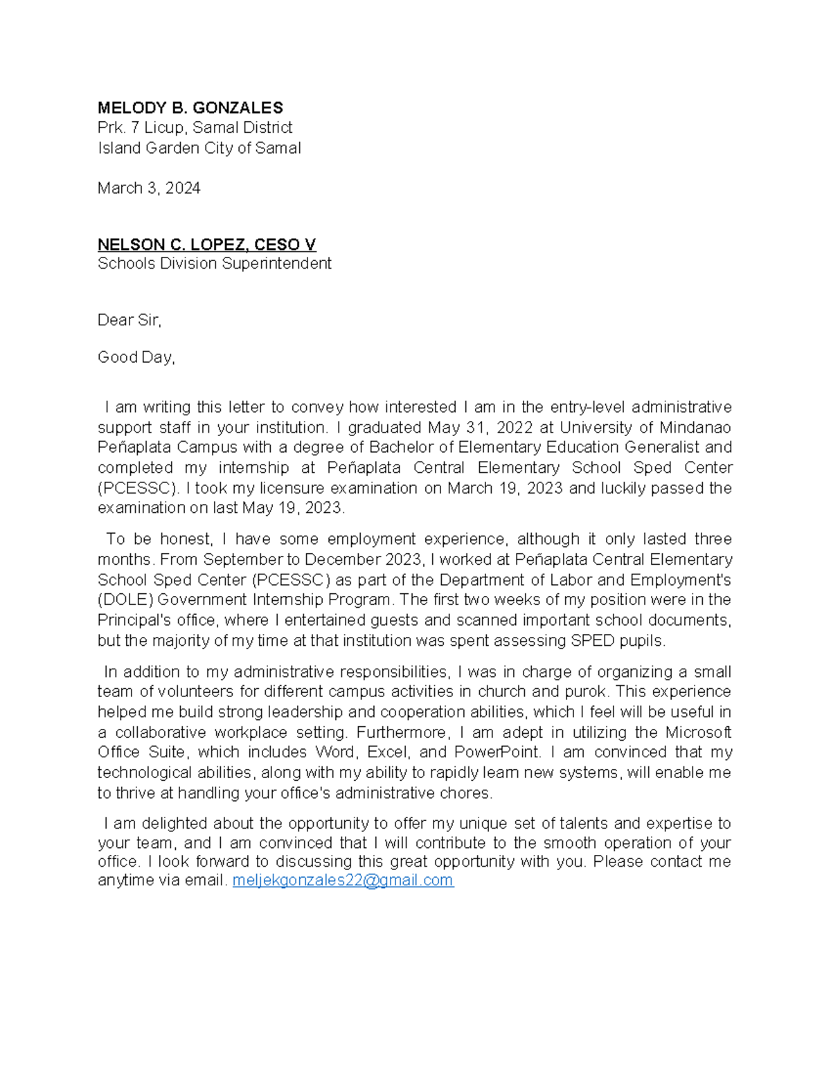 Application letter for administrative staff - MELODY B. GONZALES Prk. 7 ...