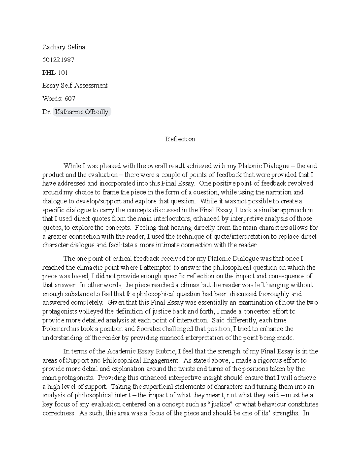 Philosophy Reflection 2 - Zachary Selina 501221987 PHL 101 Essay Self ...