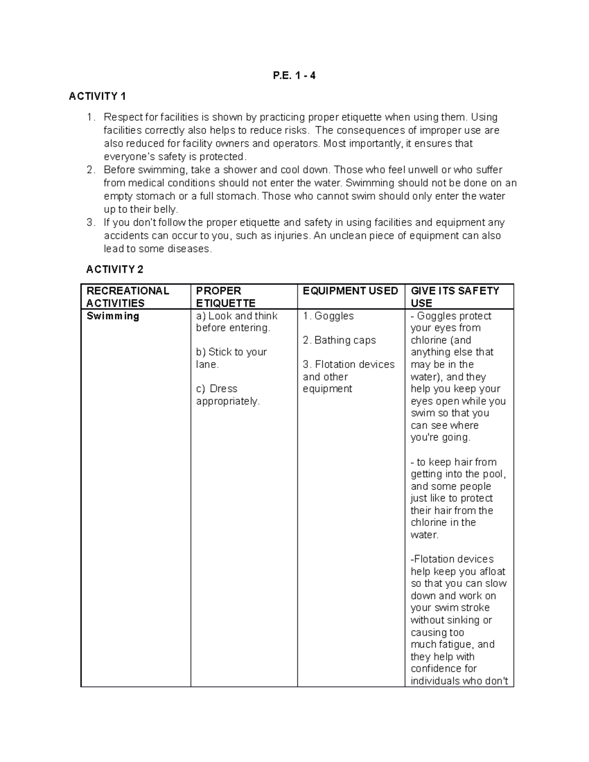 P.E - year - P. 1 - 4 ACTIVITY 1 Respect for facilities is shown by ...