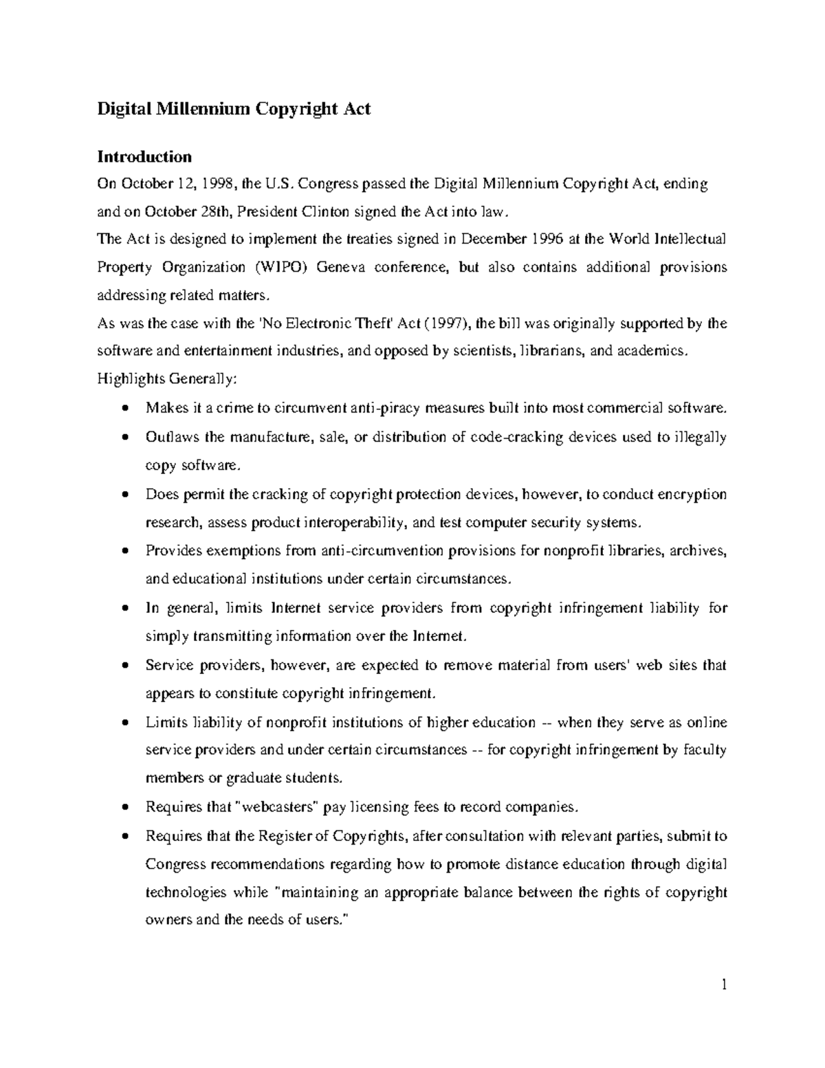 Digital Millennium Copyright Act Class - Digital Millennium Copyright ...