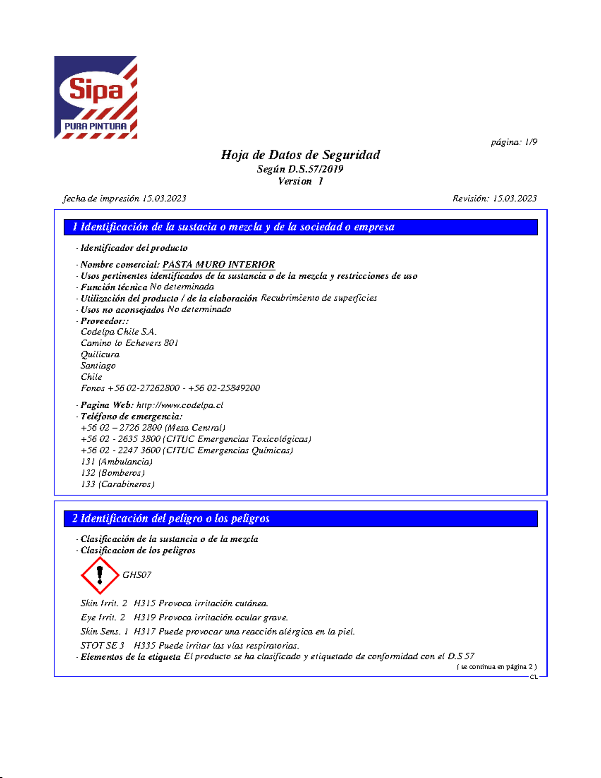 HDS - Pasta MURO SIPA - Hoja de Datos de Seguridad Según D.S/ Version 1 ...