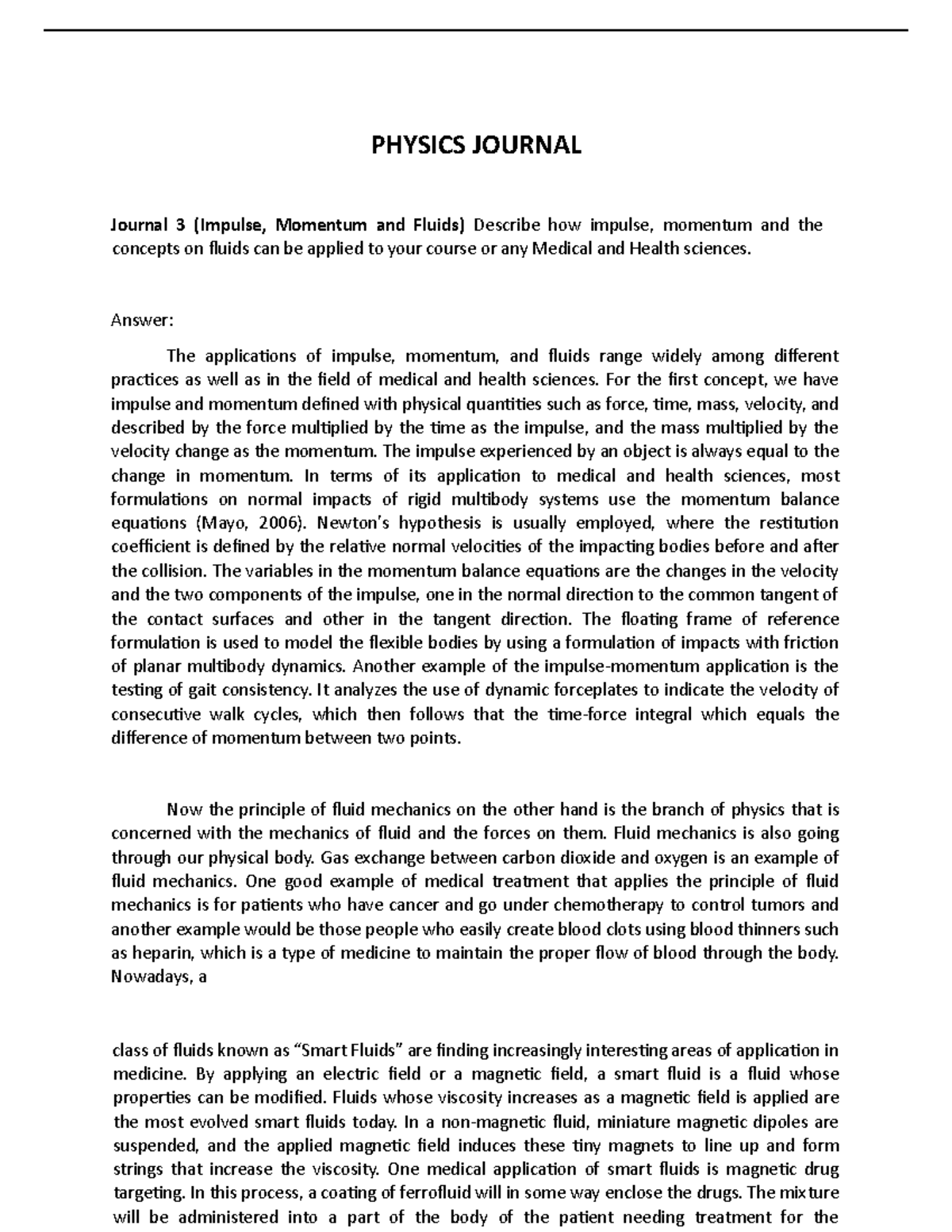 Physics Journal Impulse Momentum and Fluids - PHYSICS JOURNAL Journal 3 ...