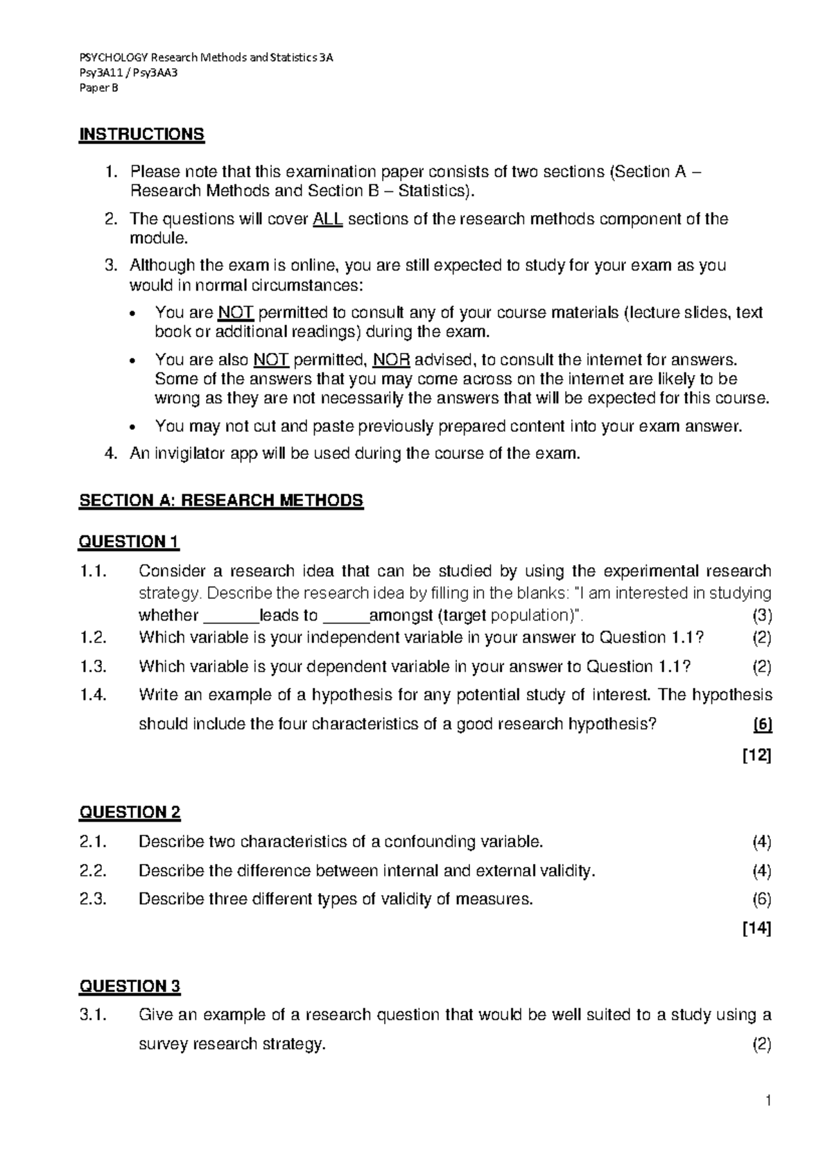 Psy3A Paper B with Memo June 2022 - PSYCHOLOGY Research Methods and ...