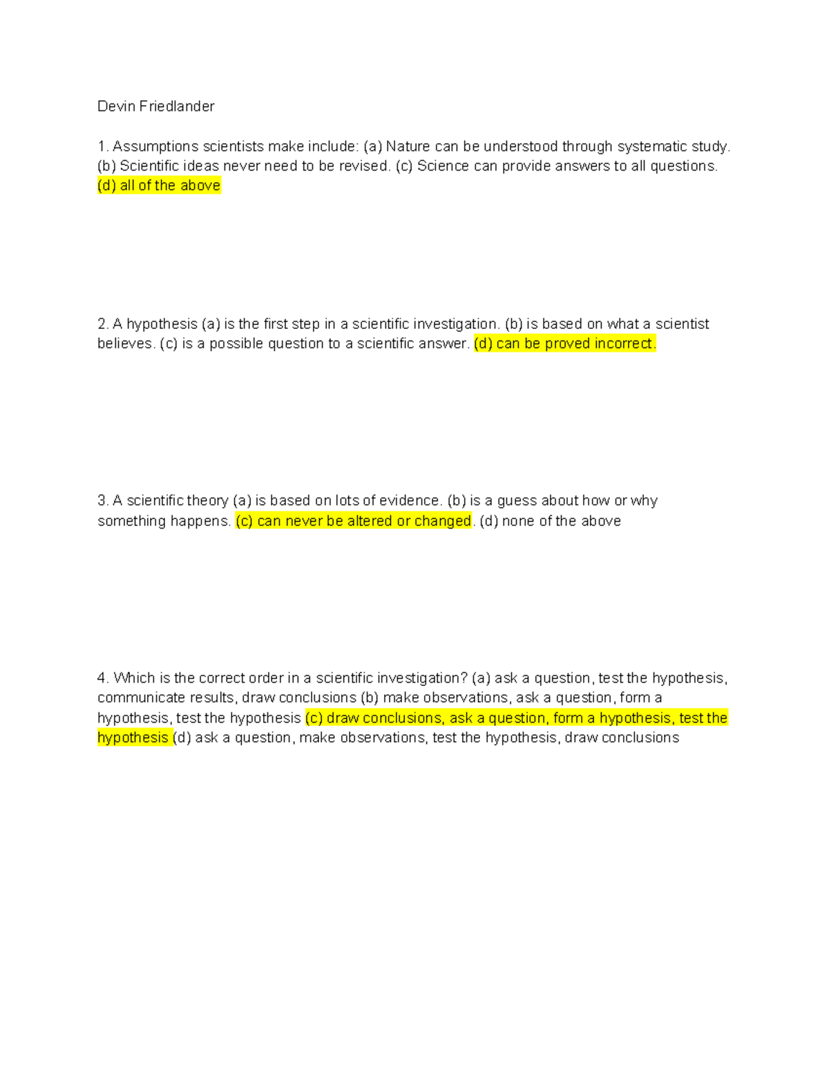 Bio assigment 3 - This was assignment done in class - Devin Friedlander ...