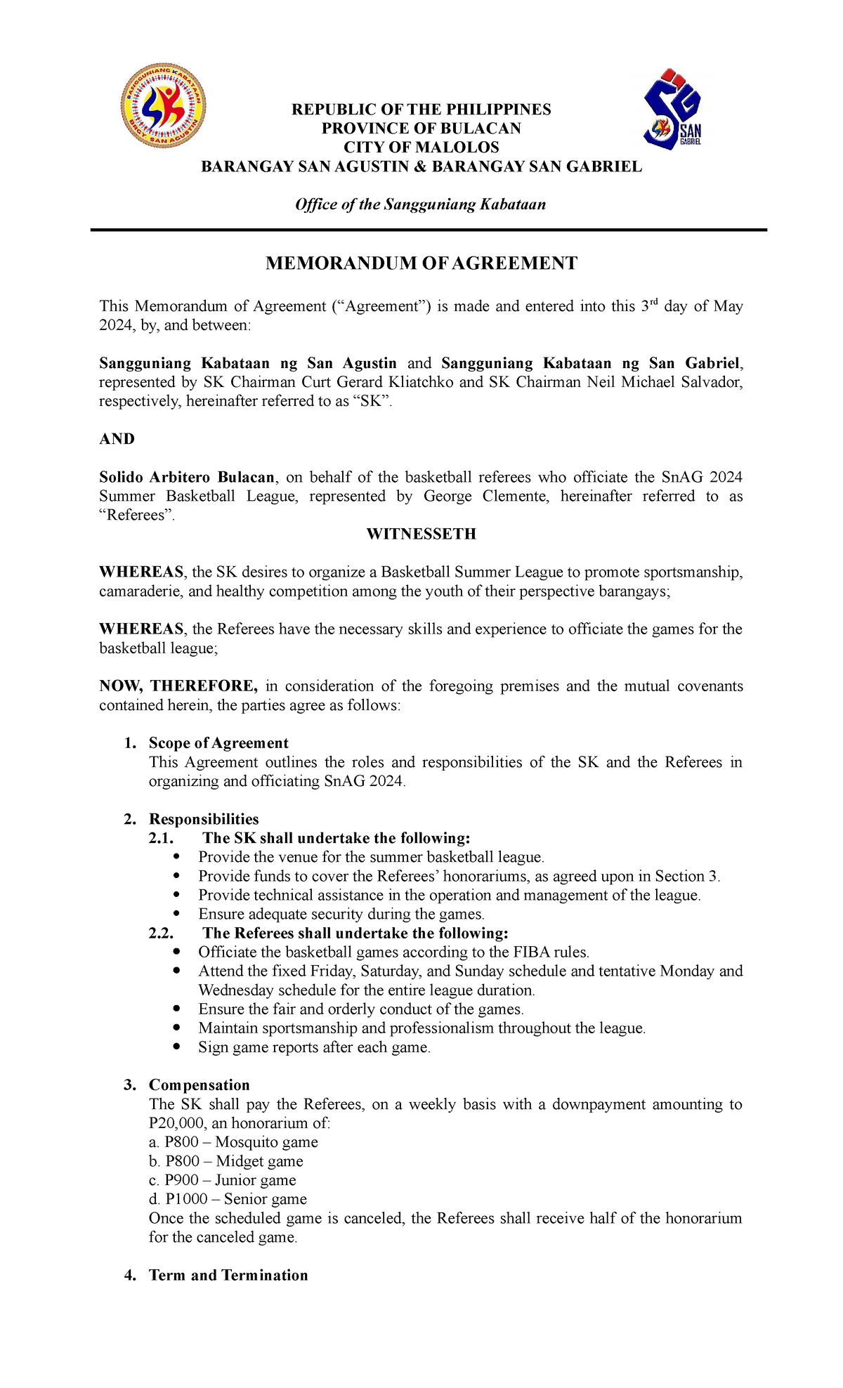 Sn AG 2024 - MOA Referee - Notes - REPUBLIC OF THE PHILIPPINES PROVINCE ...