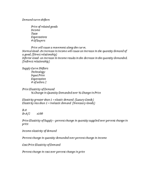 Cheat sheet - Key Equations (Supply and Demand, Elasticity, Efficiency ...