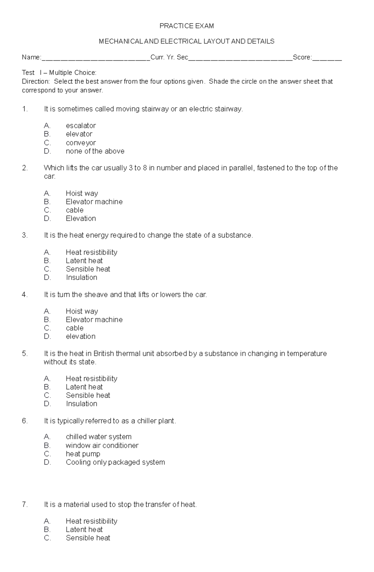 Practice EXAM Mechanical AND Electrical Layout AND Details - PRACTICE ...