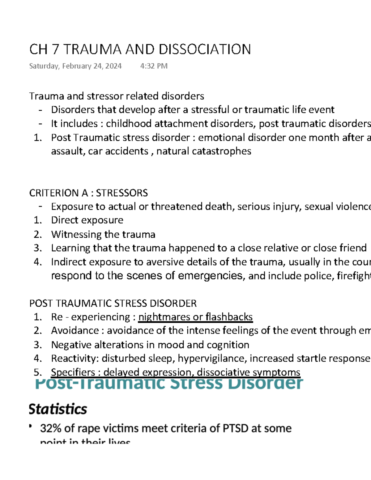 CH 7 Trauma AND Dissociation - Trauma and stressor related disorders ...