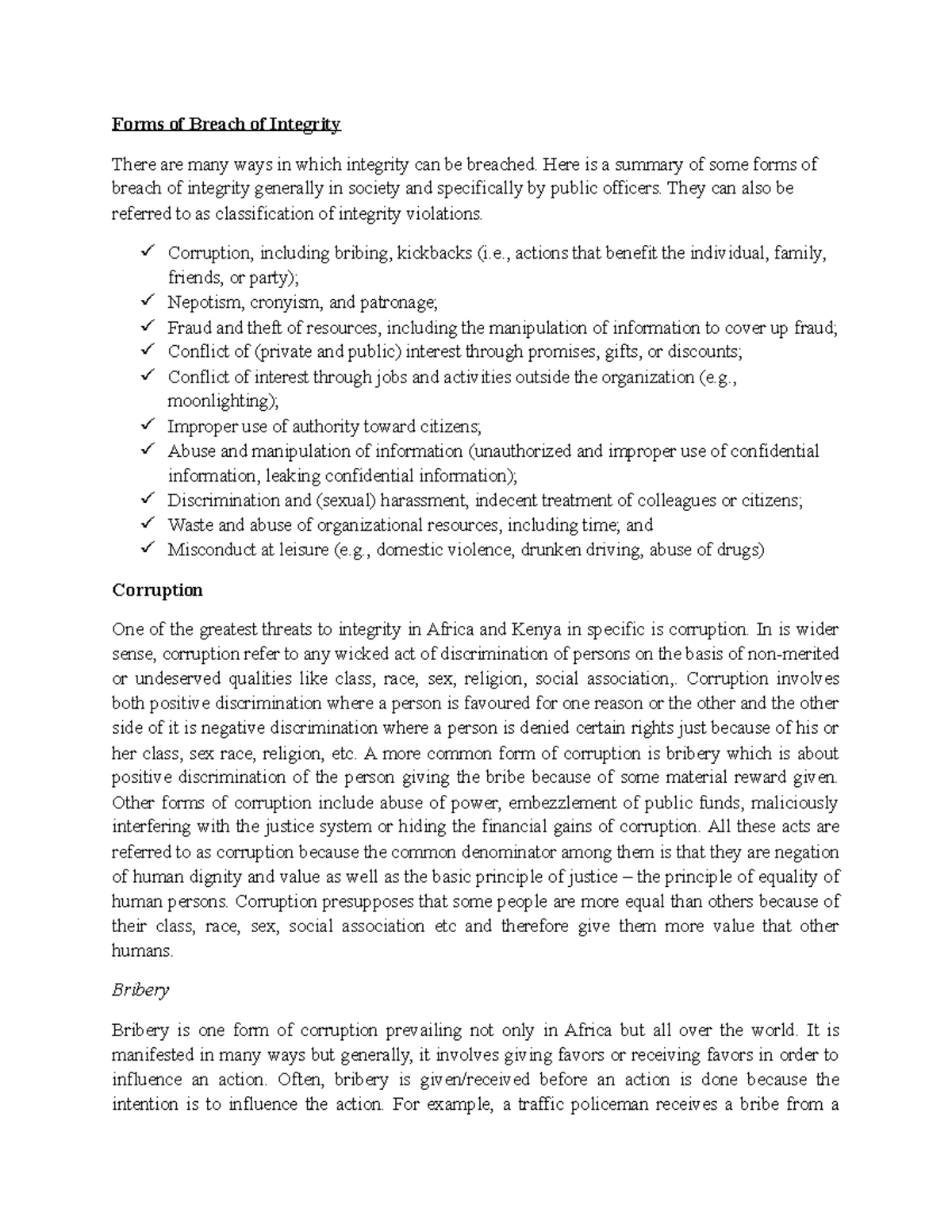 Ethical - Revision notes - Forms of Breach of Integrity There are many ...