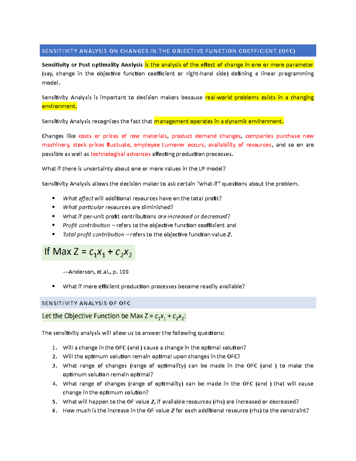 Man Sci Quiz 3 Reviewer - SENSITIVITY ANALYSIS ON CHANGES IN THE OBJECTIVE FUNCTION COEFFICIENT ...