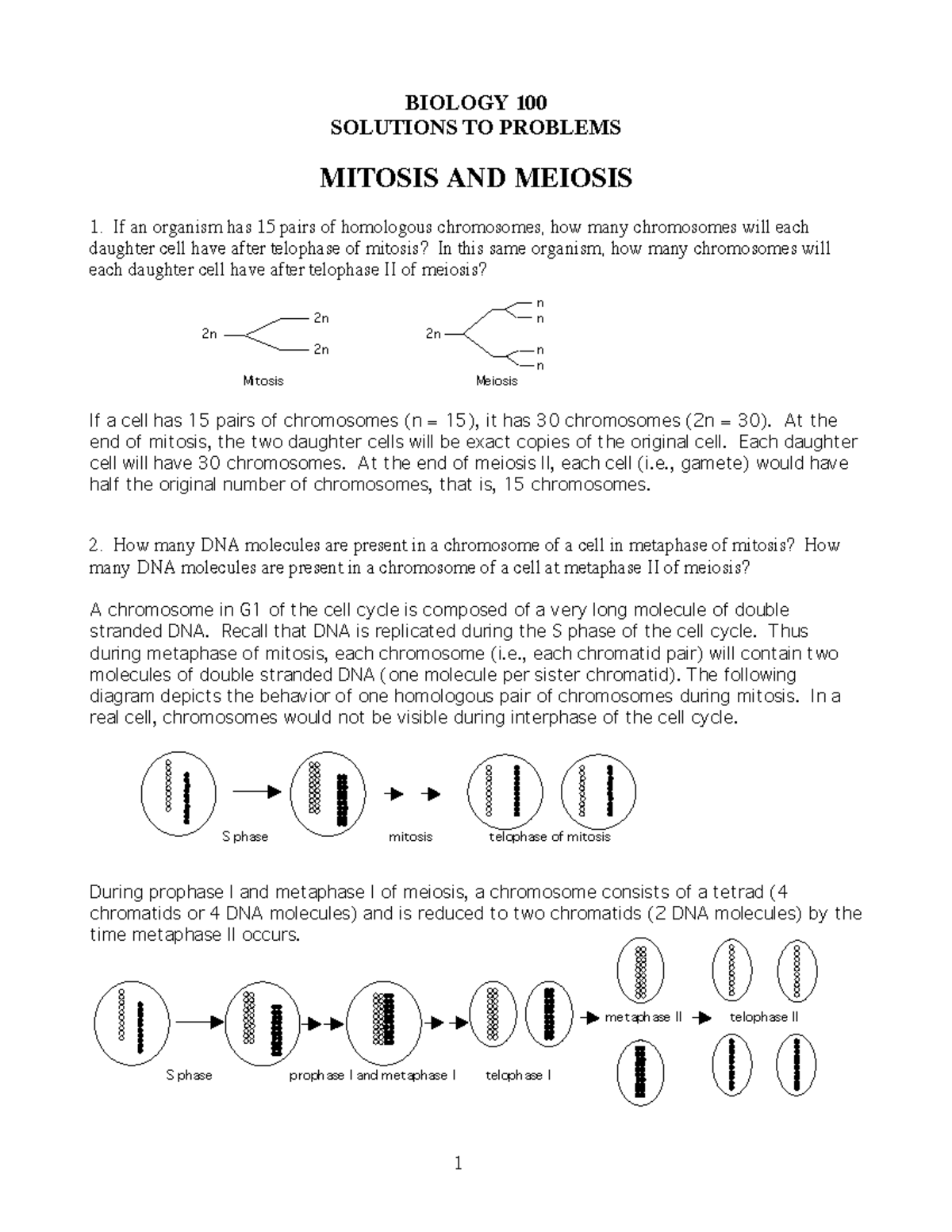 Mitosis and meiosis practice questions - 1 BIOLOGY 100 SOLUTIONS TO ...