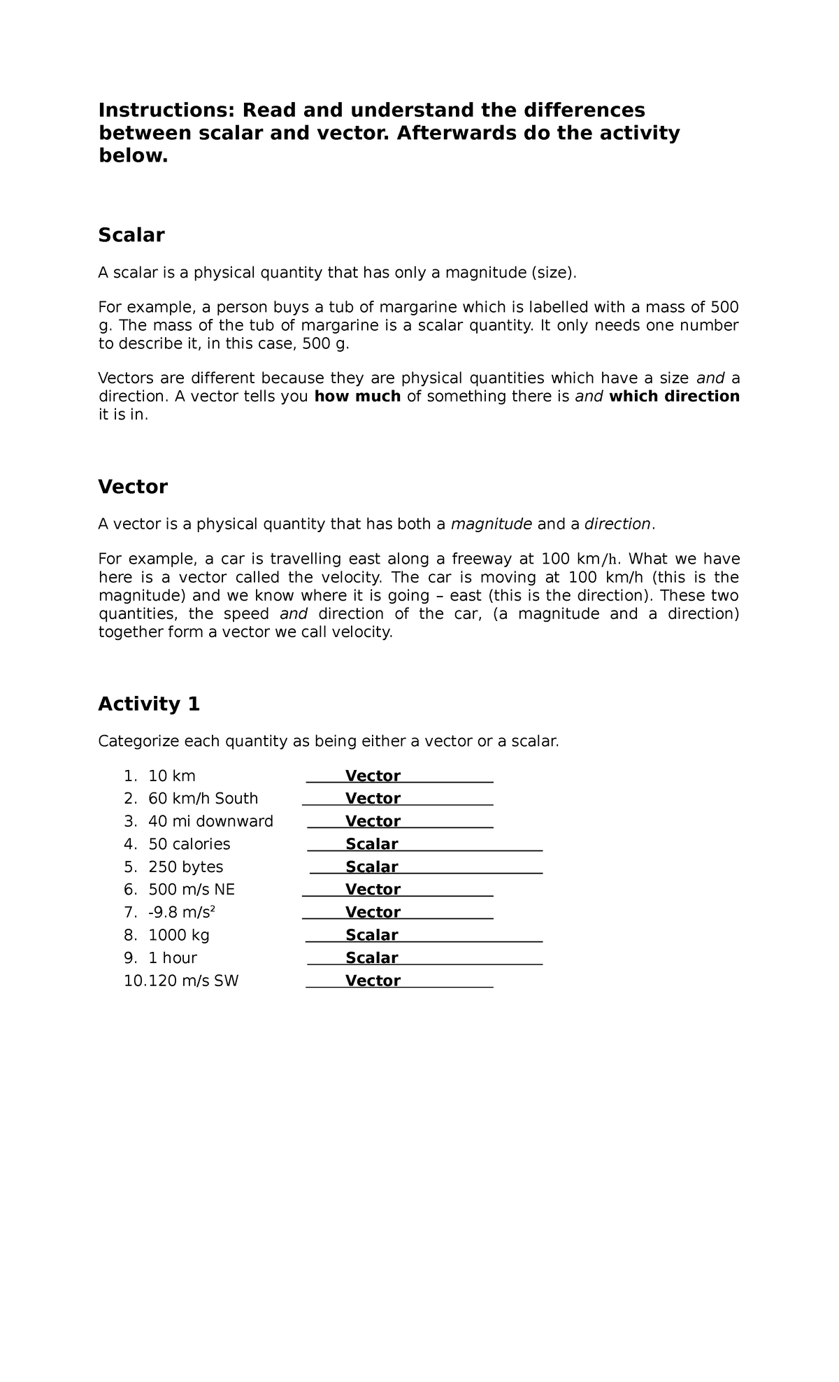 Genphysics Activity - scalar and vector - Instructions: Read and understand the differences ...