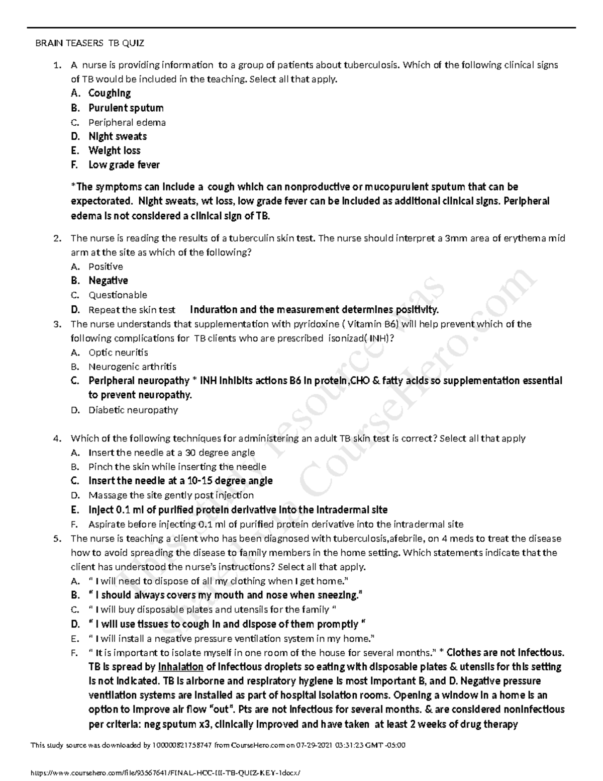 Final HCC III TB QUIZ KEY 1 - BRAIN TEASERS TB QUIZ A nurse is ...