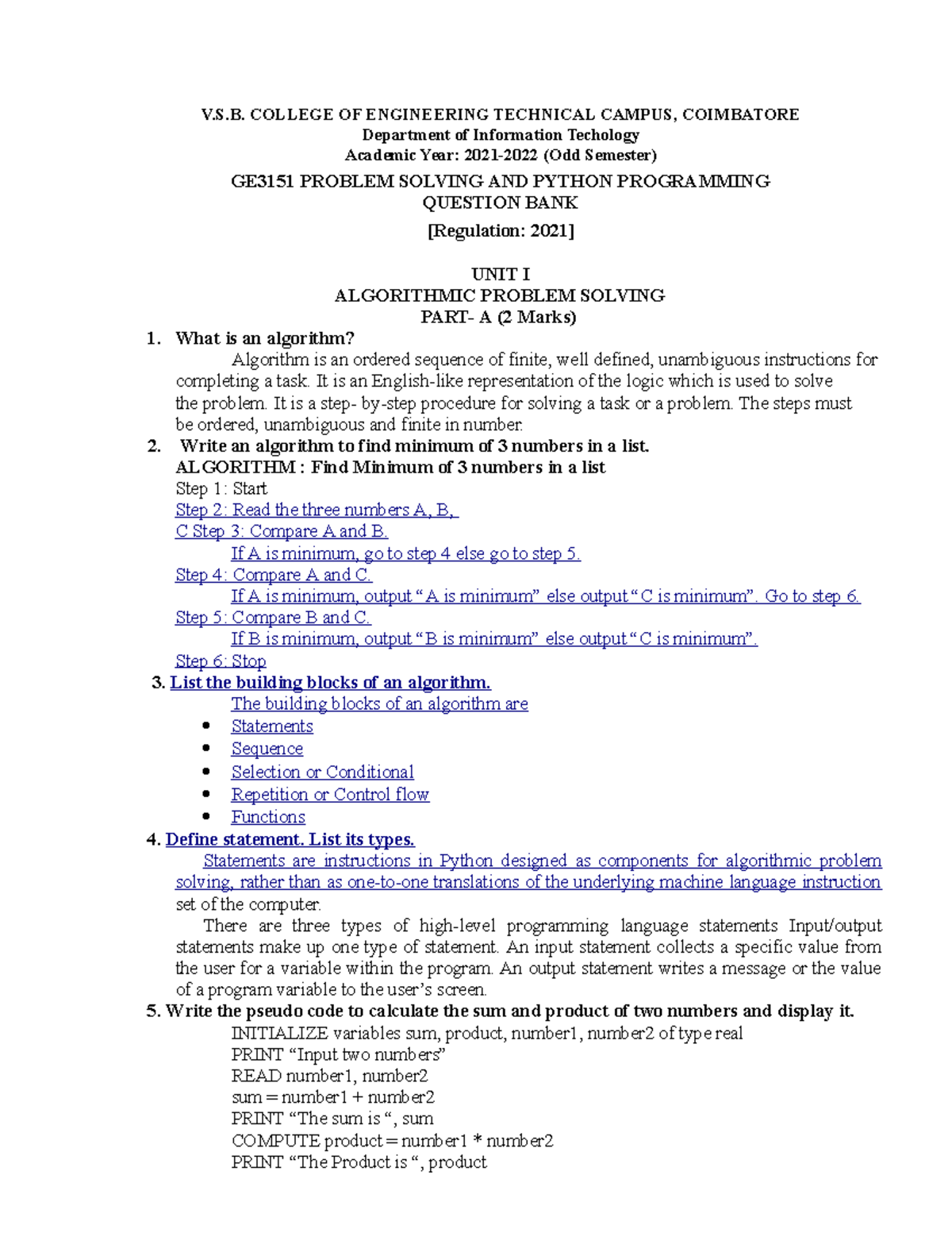 Ge 3151 Pspp Question Bank Vs College Of Engineering Technical Campus Coimbatore Department