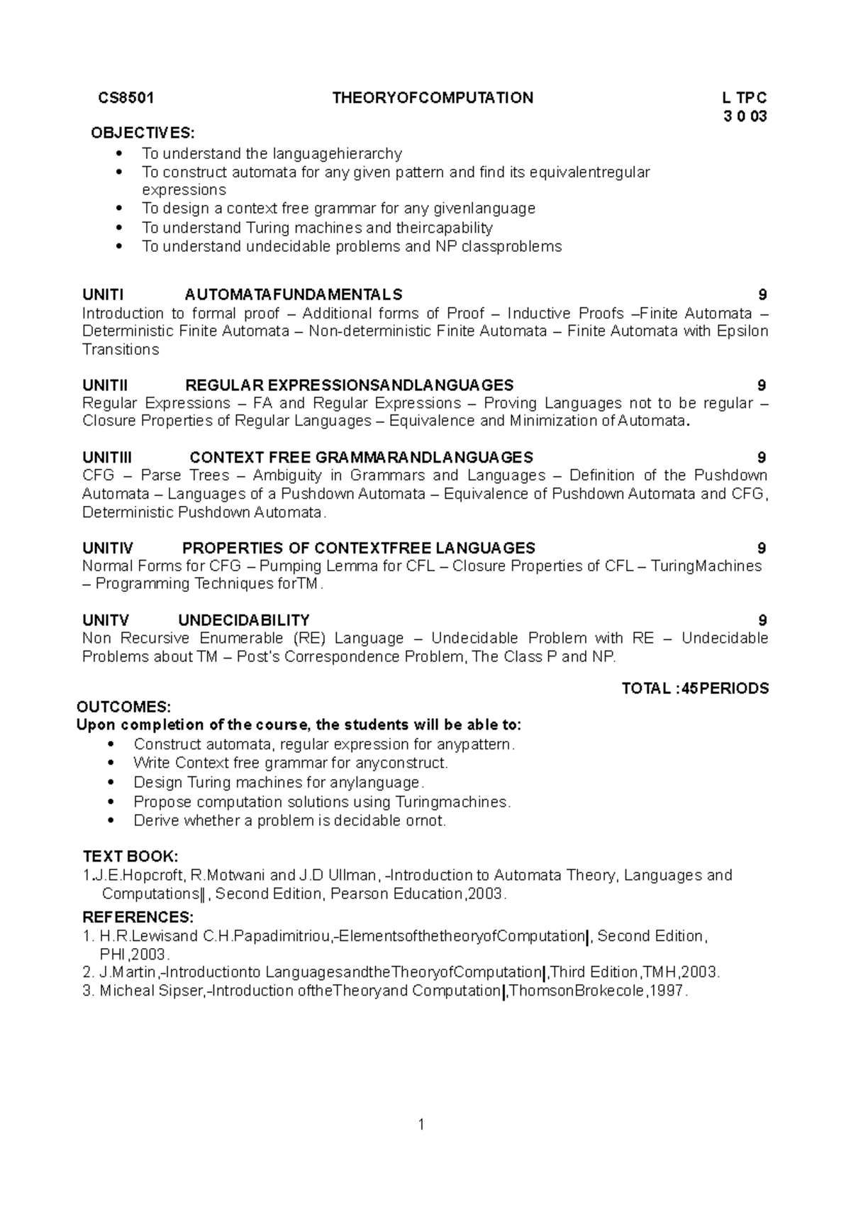 TOC - klkjlkl - 1 CS8501 THEORYOFCOMPUTATION L TPC 3 0 03 OBJECTIVES: To understand the - Studocu