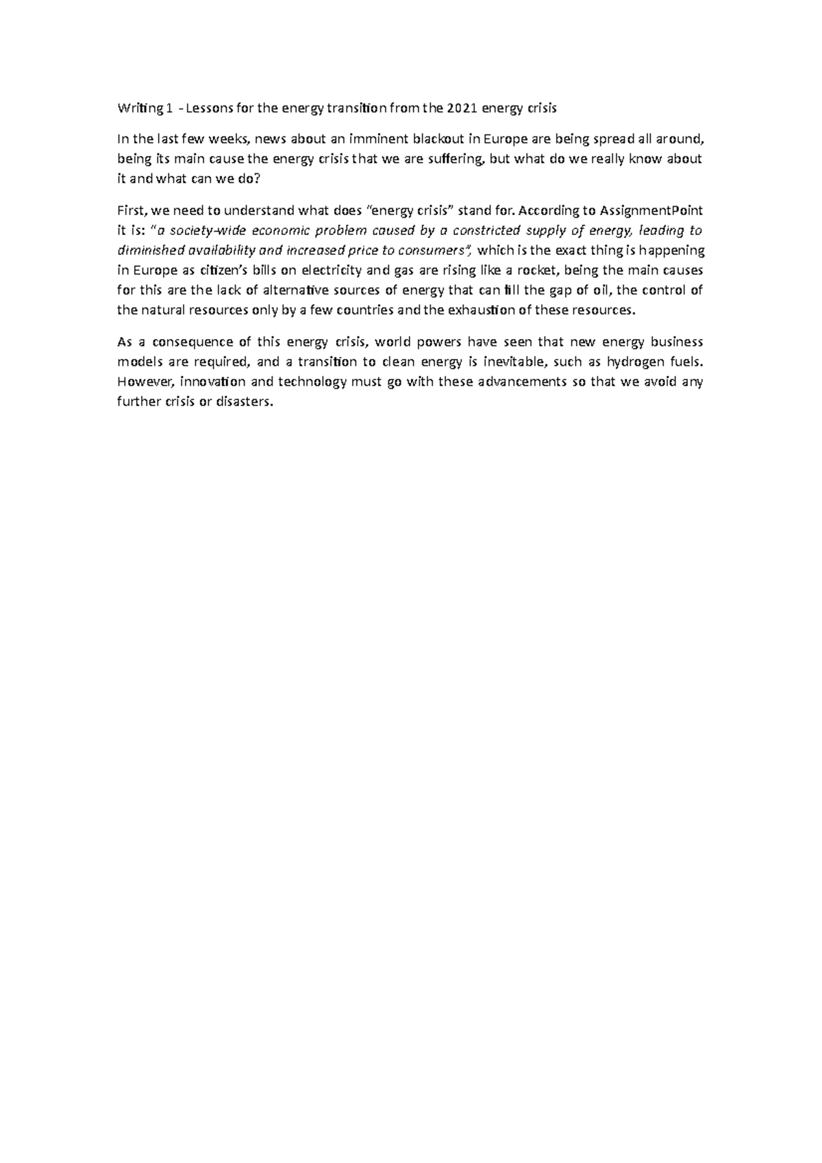 Writing 1 - Lessons for the energy transition from the 2021 energy ...