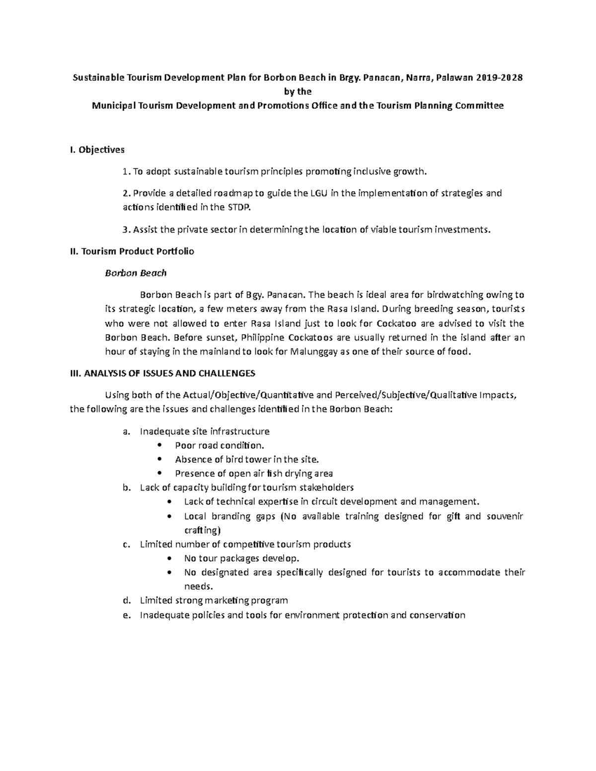 Tourism Development Plan Content Draft Borbon Beach - Sustainable ...