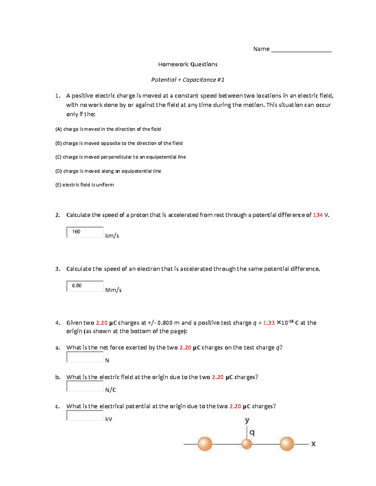 Worksheet 1 Electric Potential Name Homework