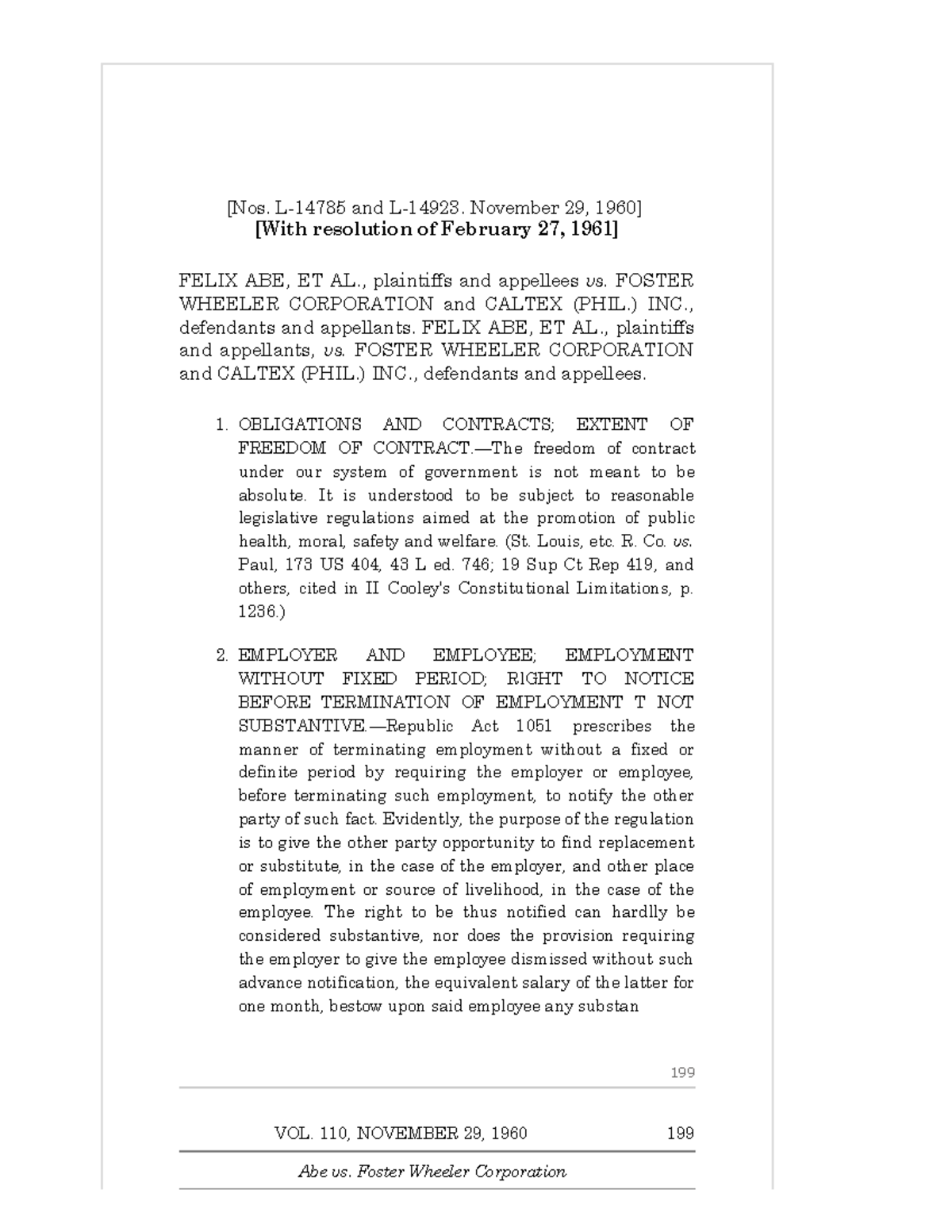Abe v. Foster Wheeler Corp - [Nos. L-14785 and L-14923. November 29 ...