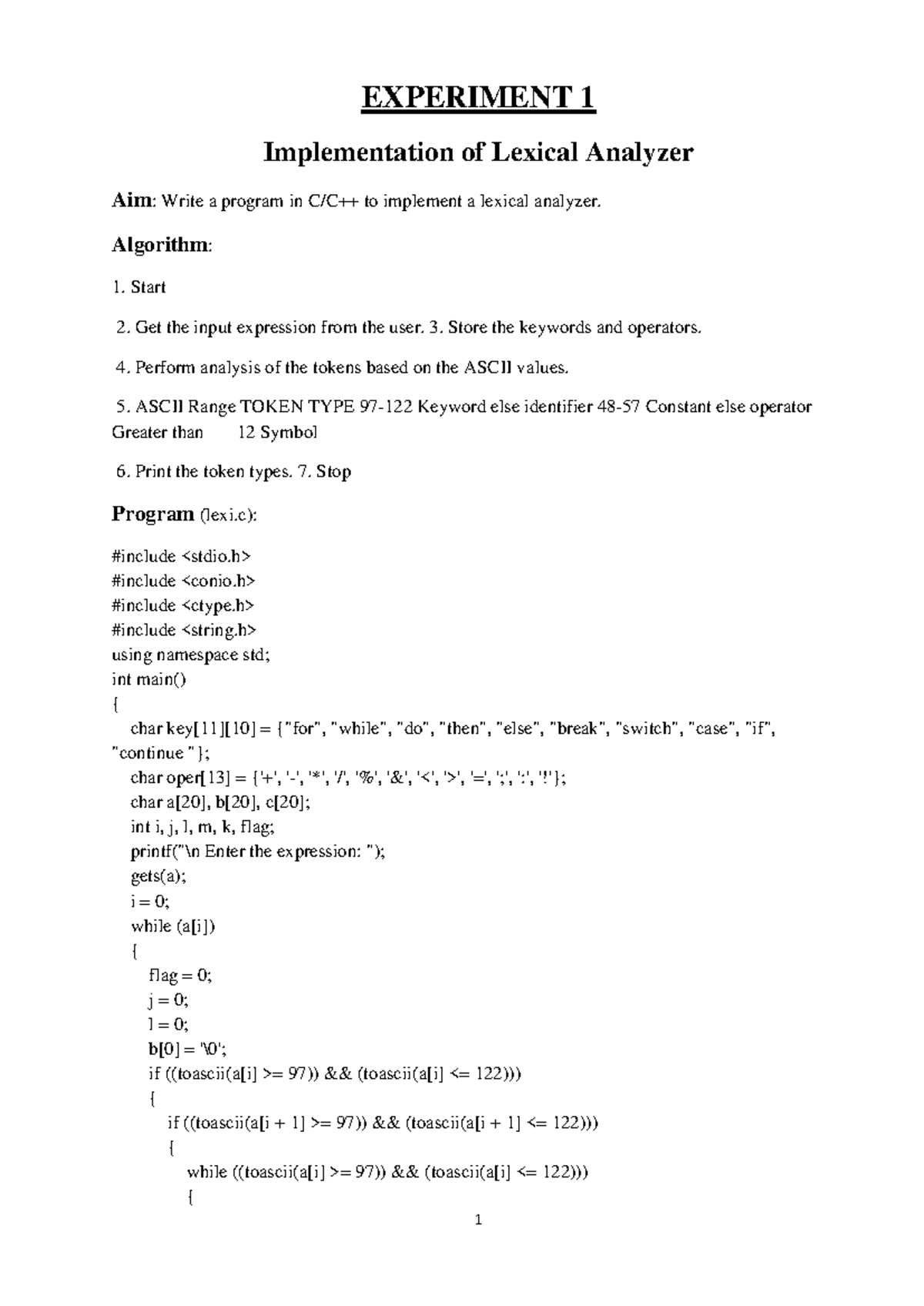 Ilovepdf merged - EXPERIMENT 1 Implementation of Lexical Analyzer Aim: Write a program in C/C++ ...