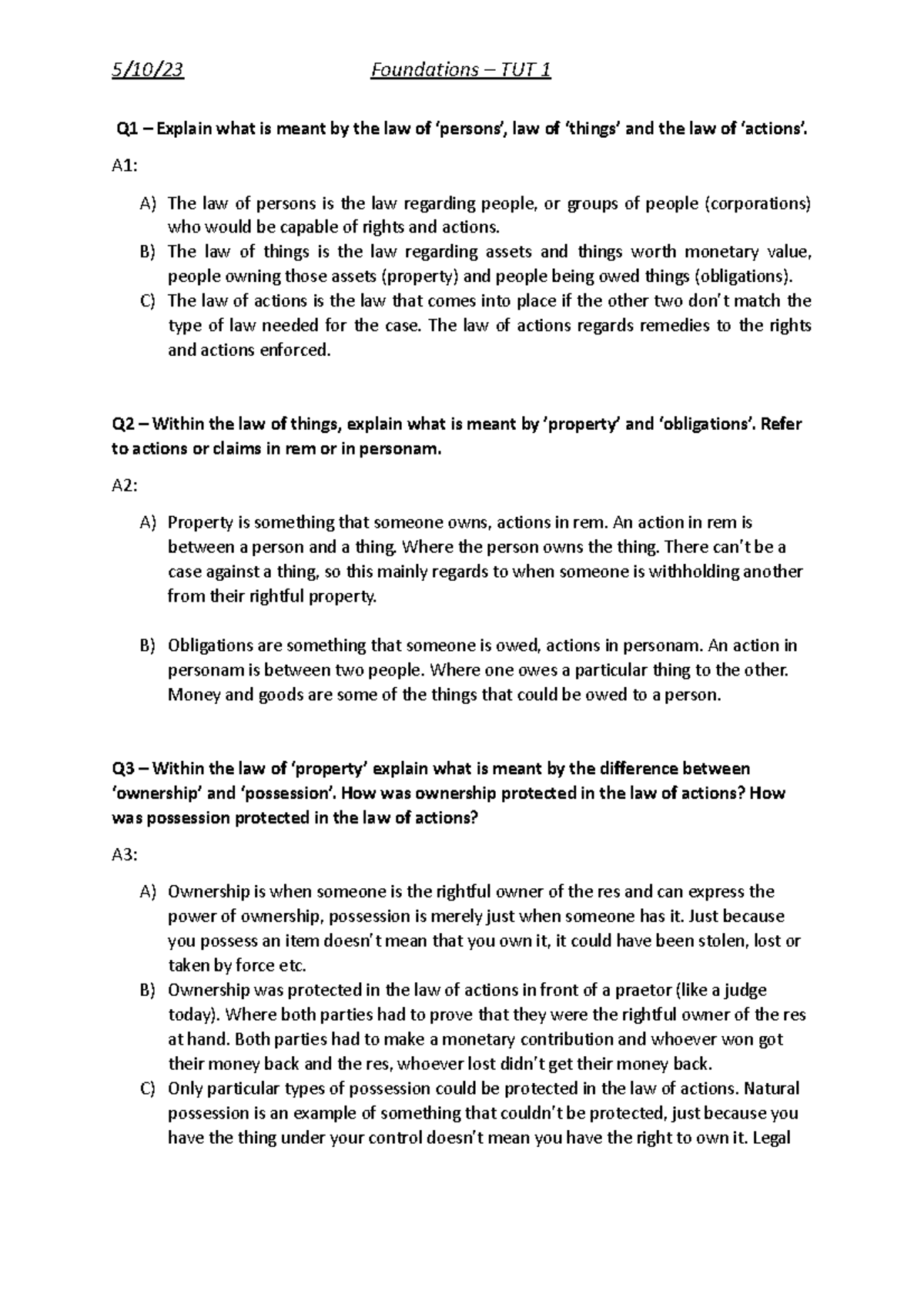 TUT 1 - first tutorial on ownership and possession - 5/10/23 Foundations – TUT 1 Q1 – Explain ...